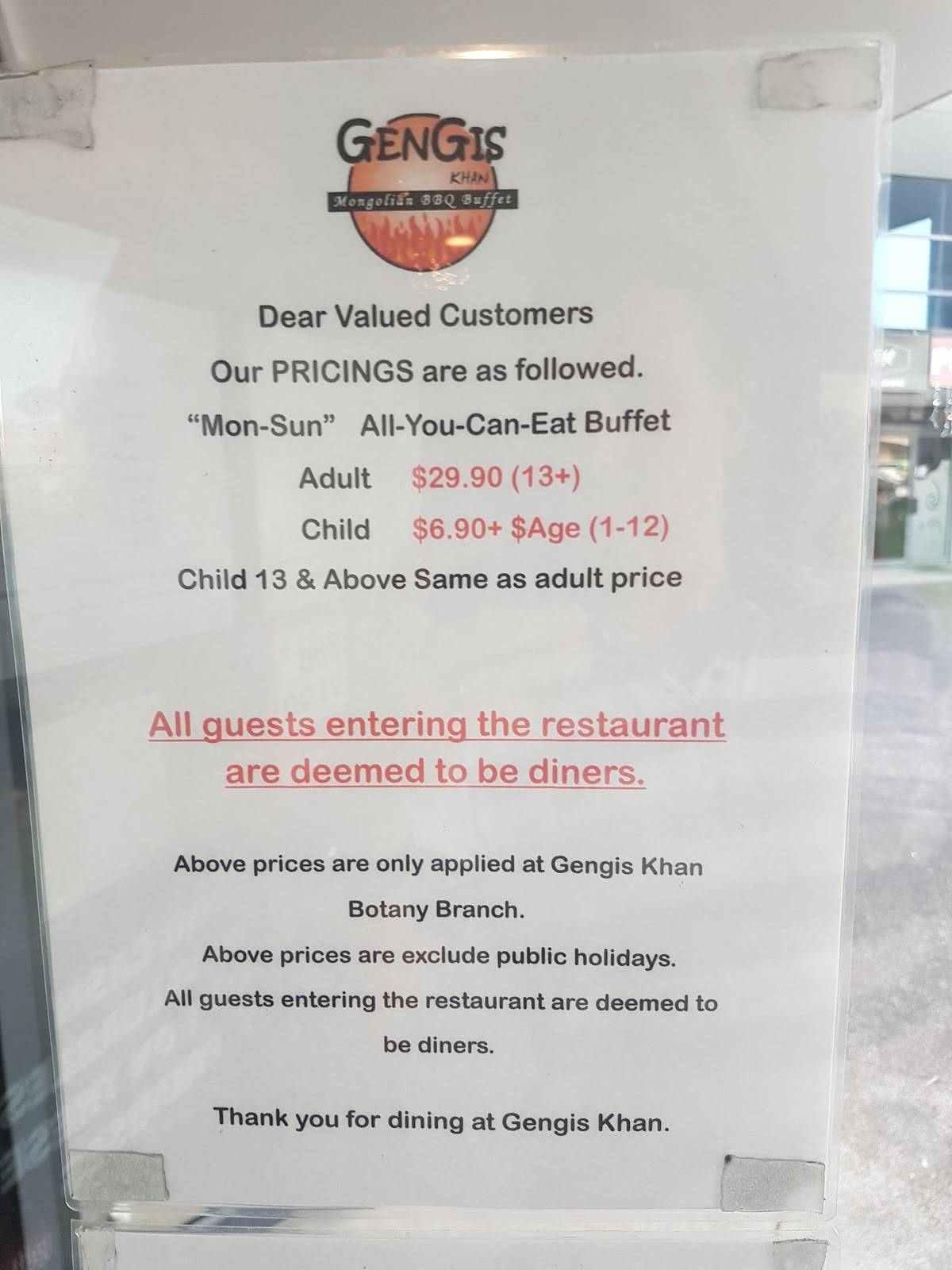 Menu at Genghis Khan restaurant, Auckland, 317 Ti Rakau Dr