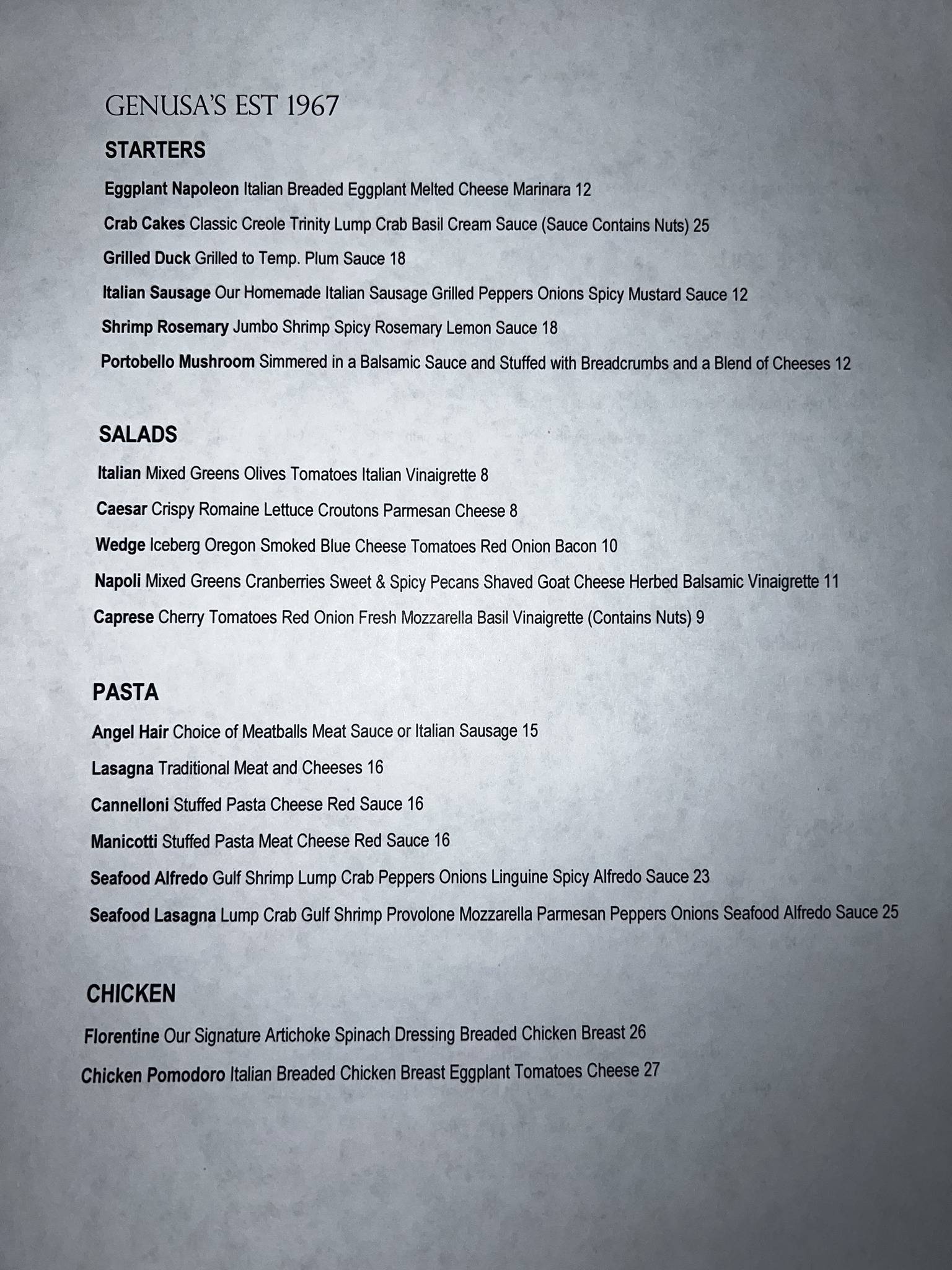 Menu at Genusa's Italian Restaurant, Monroe
