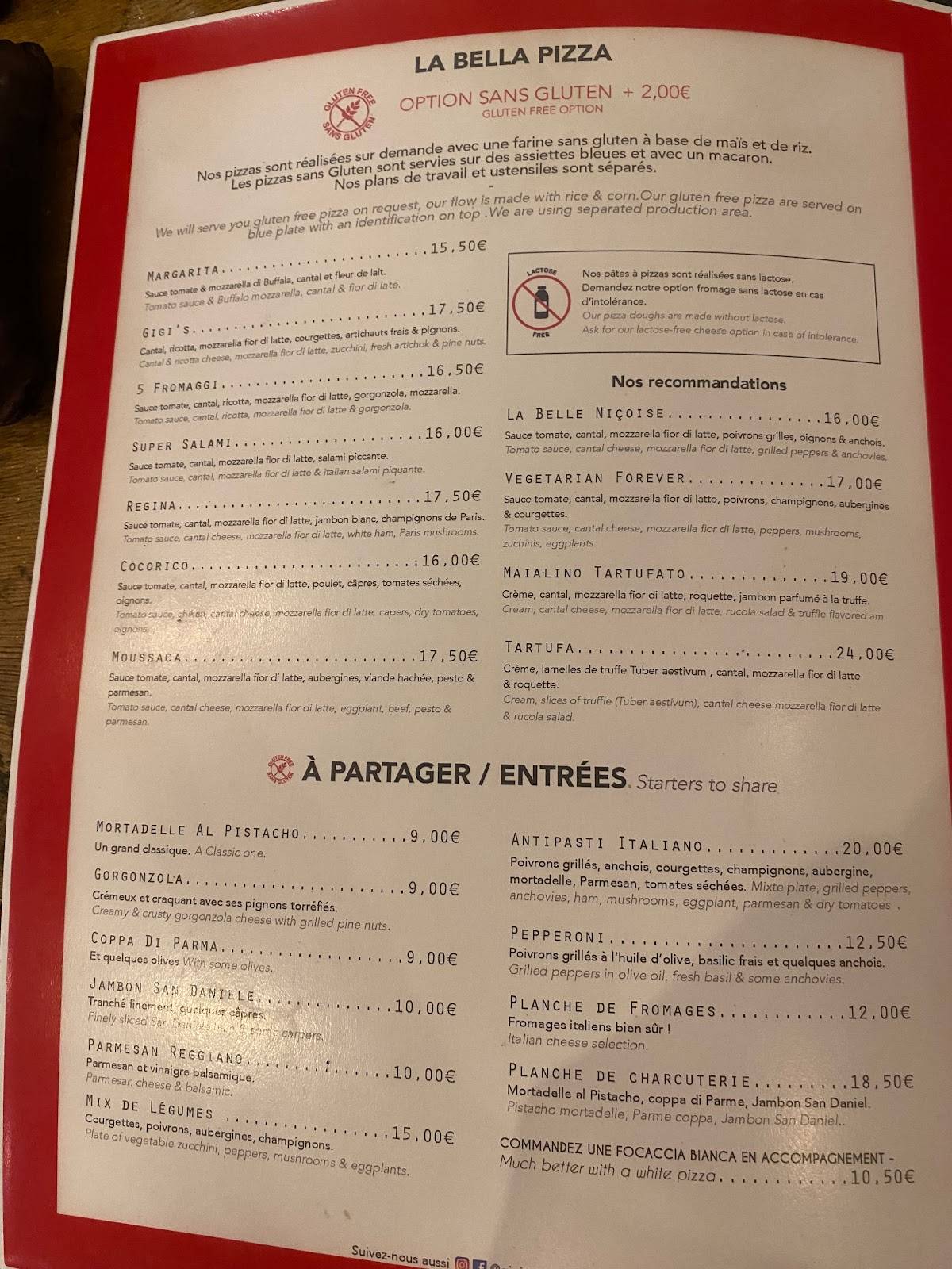 Menu au Gigi restaurant à viande, Nice