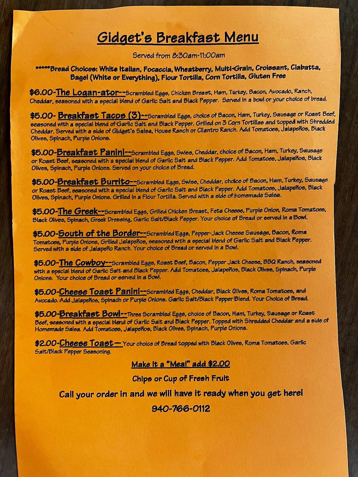 Menu at Gidgets Sandwich Shack restaurant, Wichita Falls