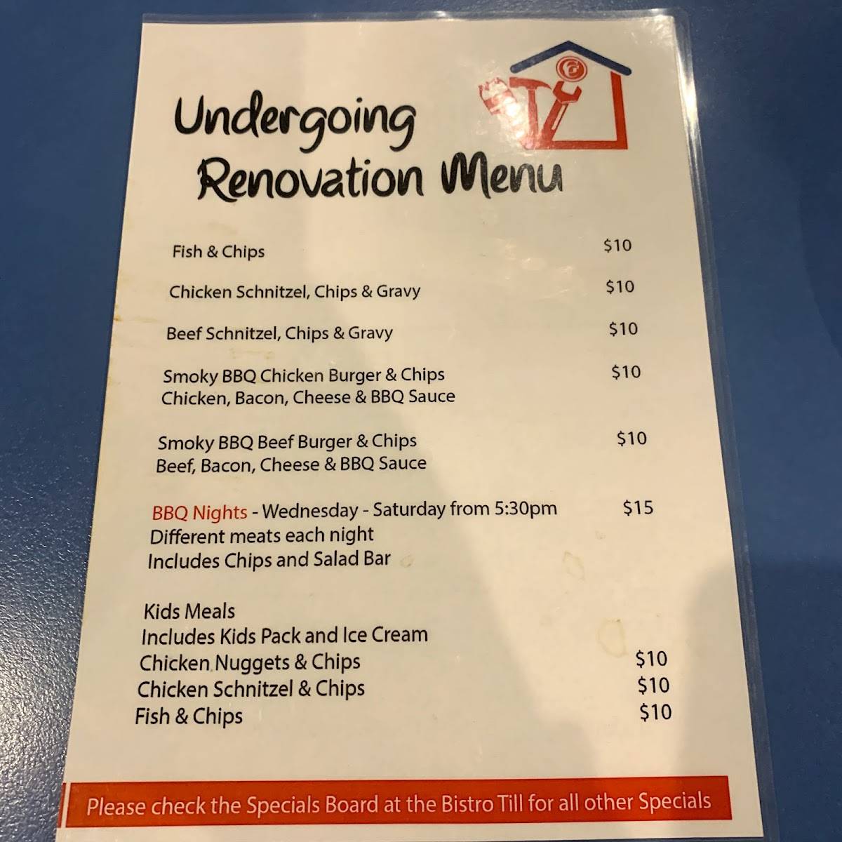 Menu at Gillen club, Alice Springs