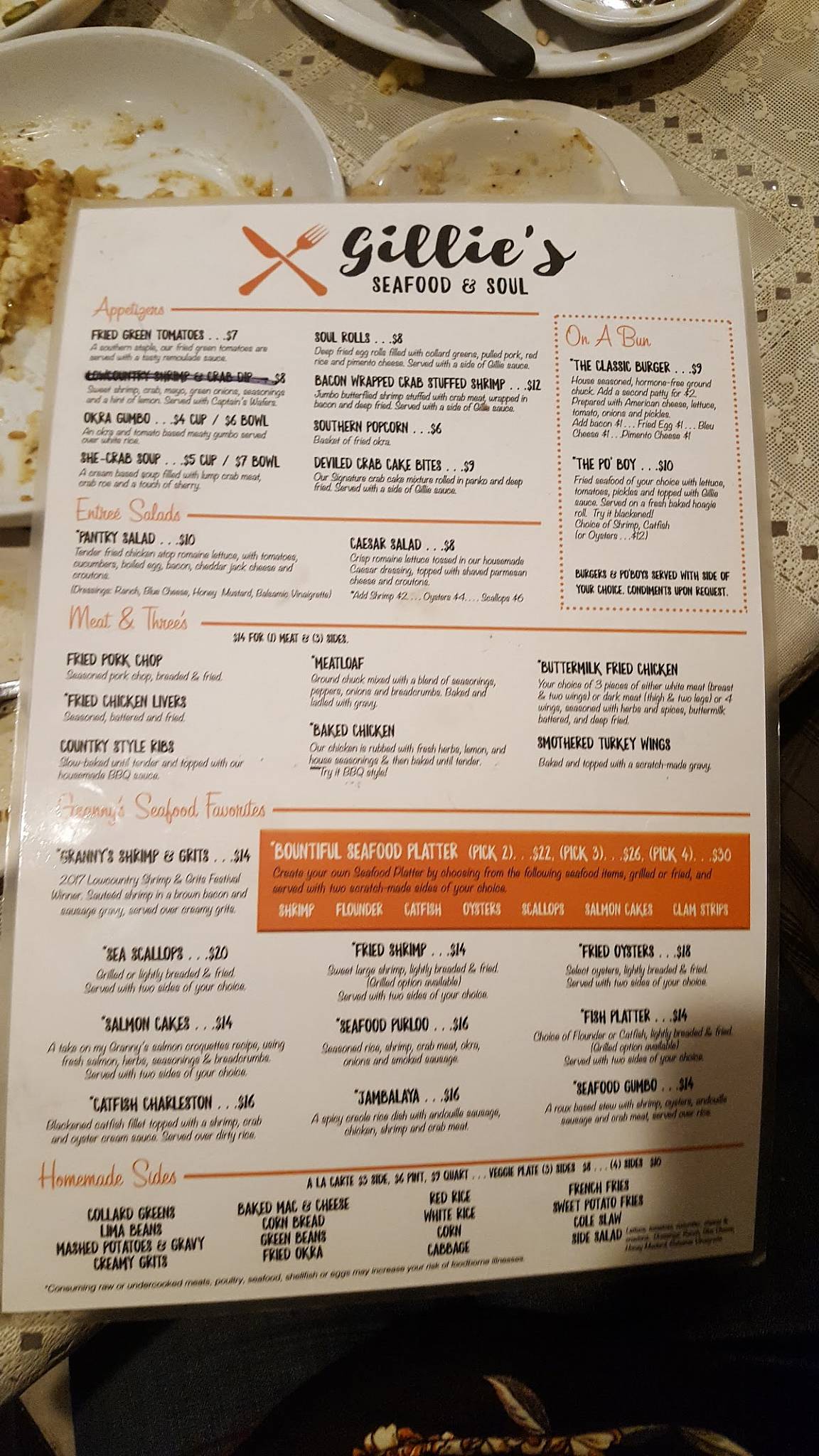Menu at Gillie's Seafood restaurant, Charleston