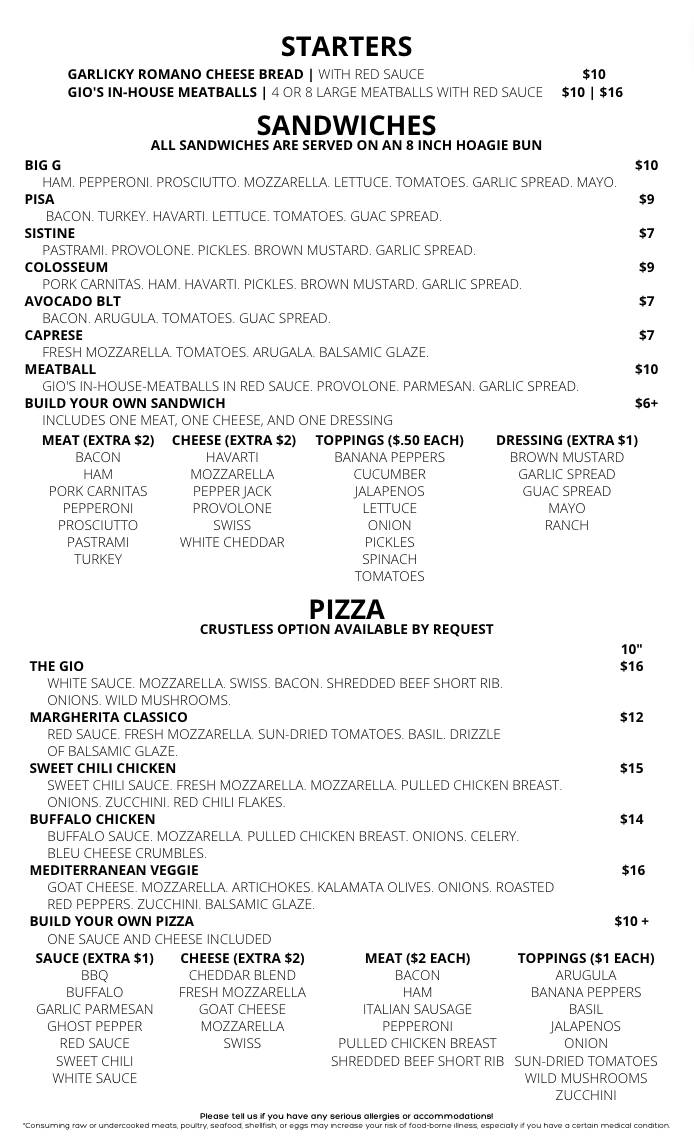 Menu at Gio's Stillwater restaurant, Stillwater