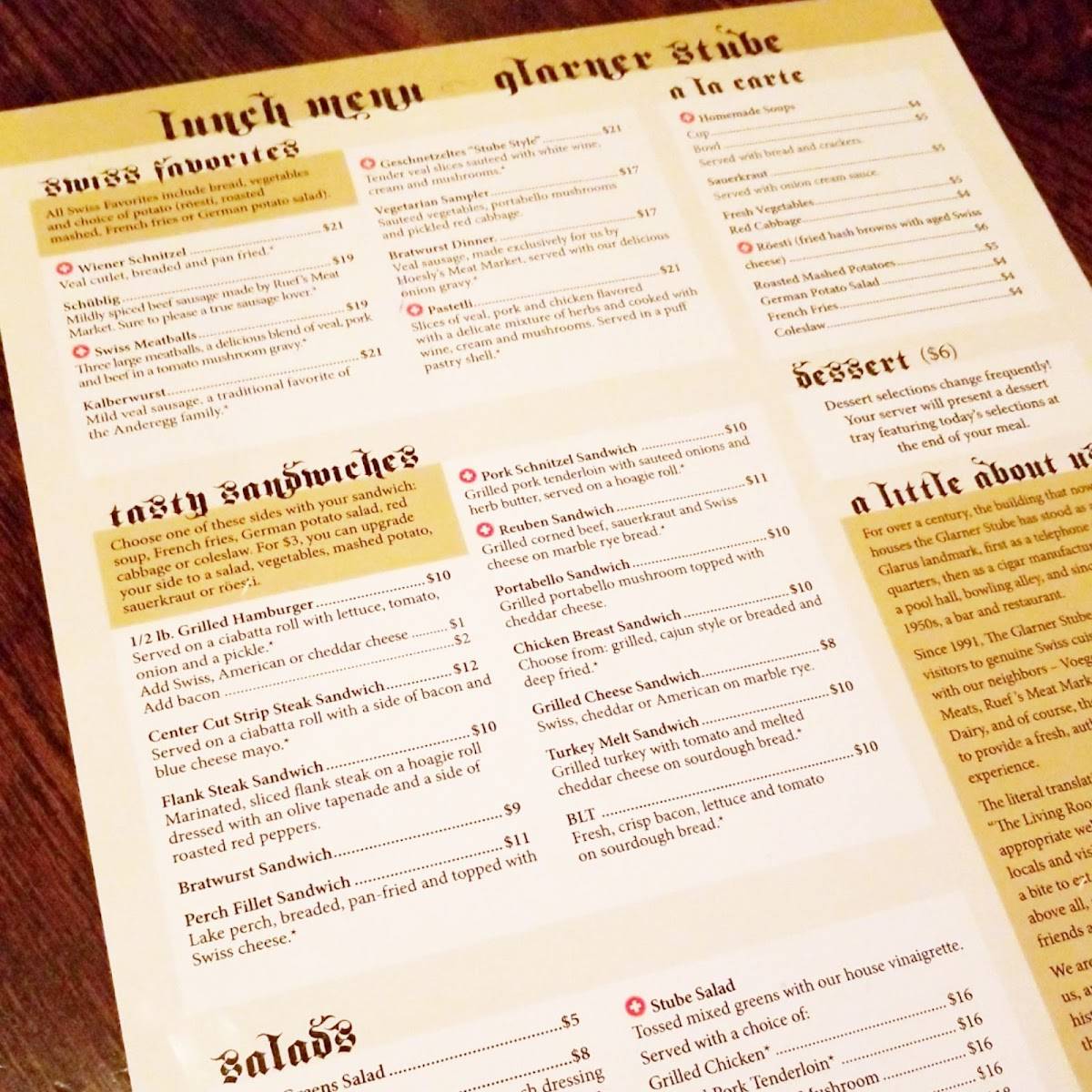 Menu at Glarner Stube restaurant, New Glarus
