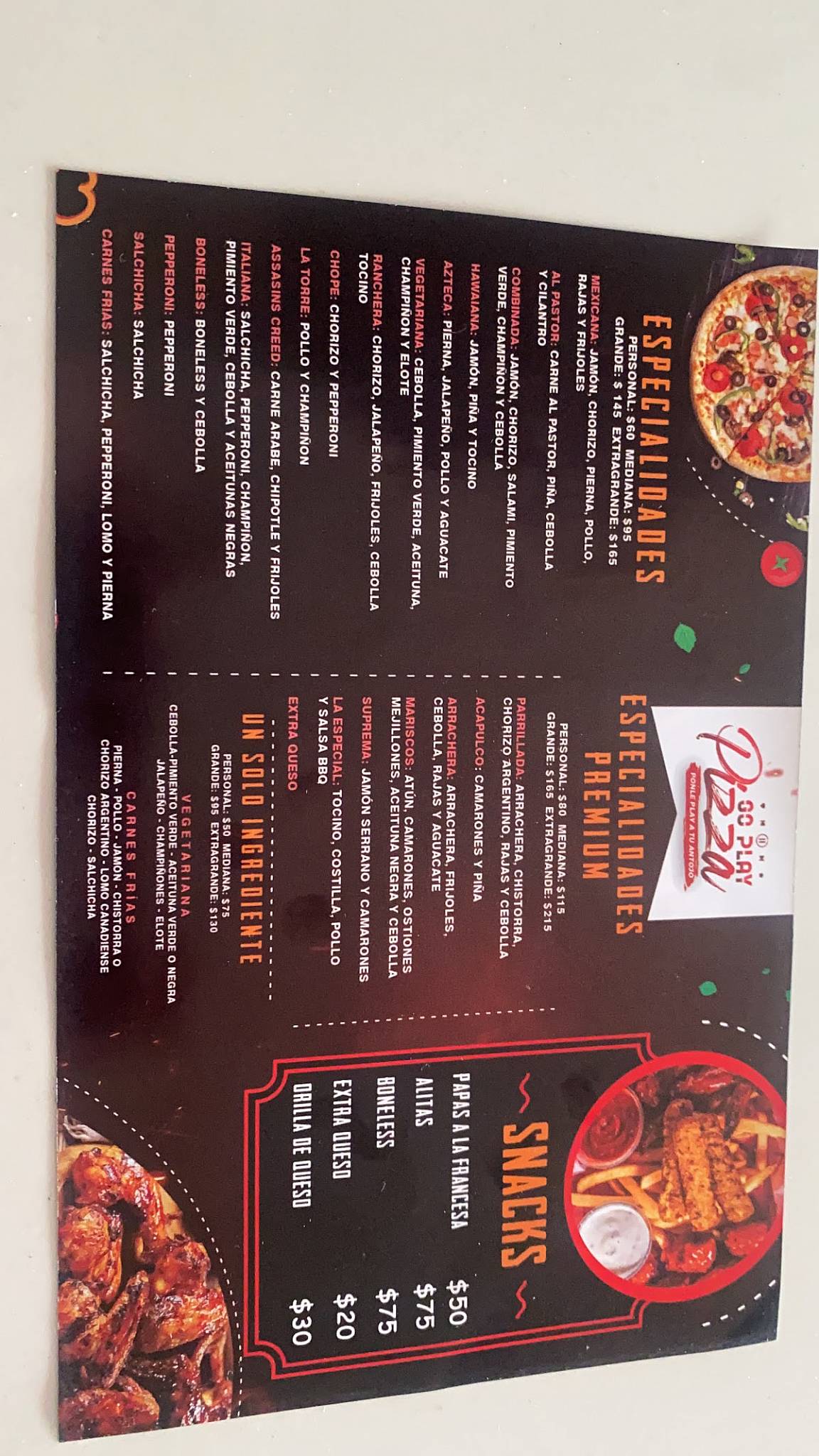 Menu at Go! Play Pizza restaurant, Puebla City