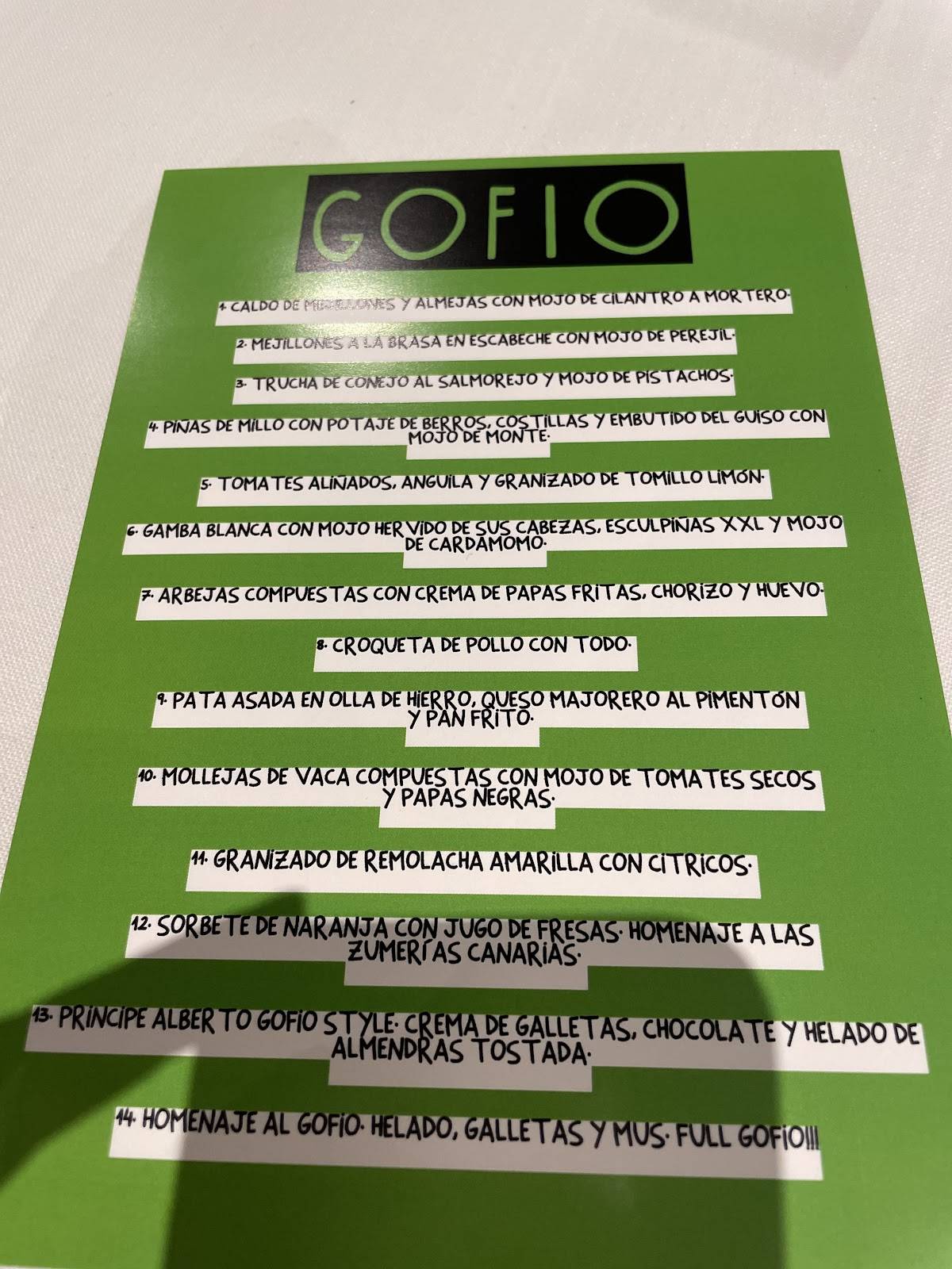 Carta del restaurante Gofio, Madrid, Calle Lope del Vega