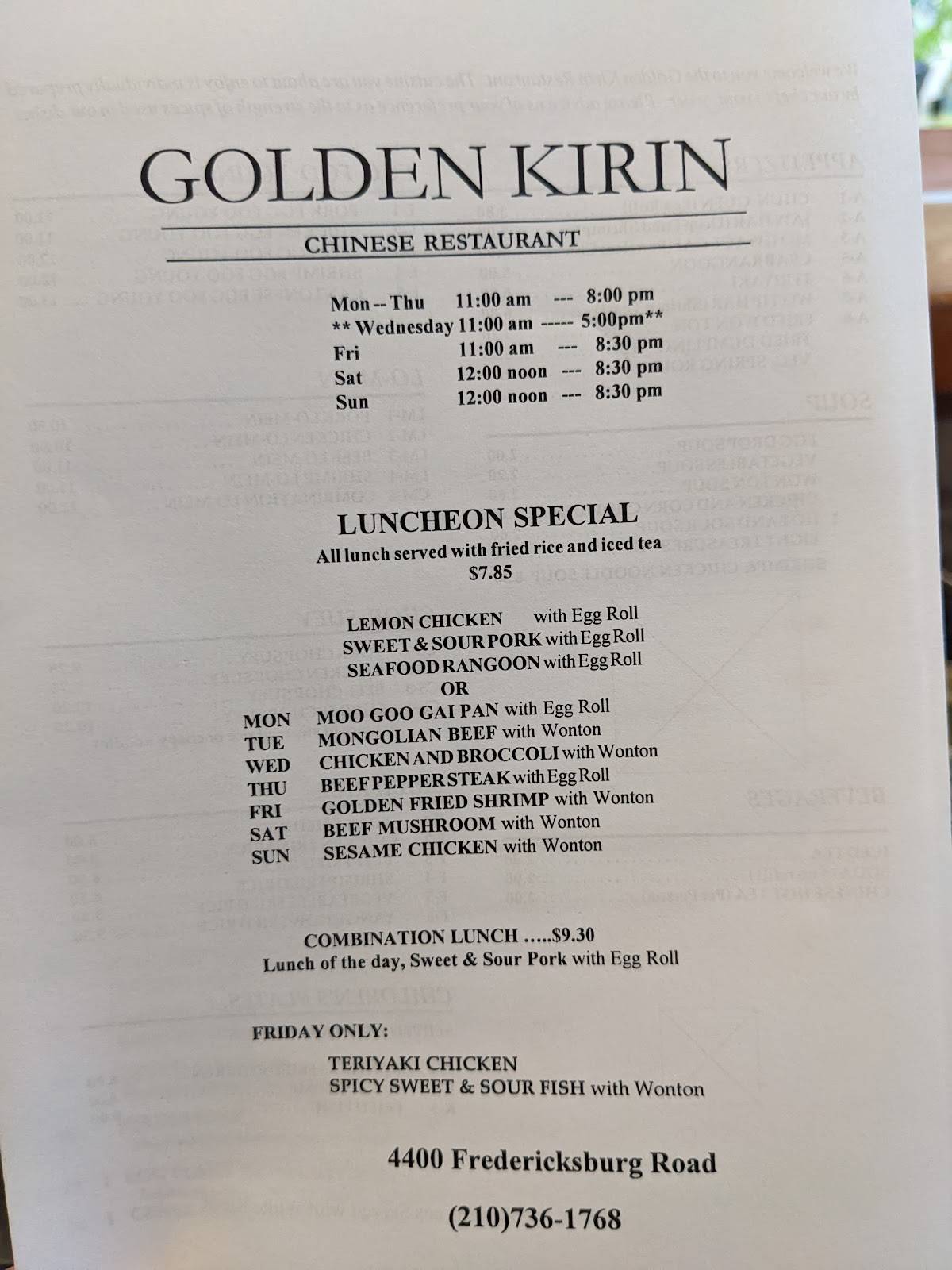 Menu at Golden Kirin Restaurant, San Antonio, Fredericksburg Rd #122
