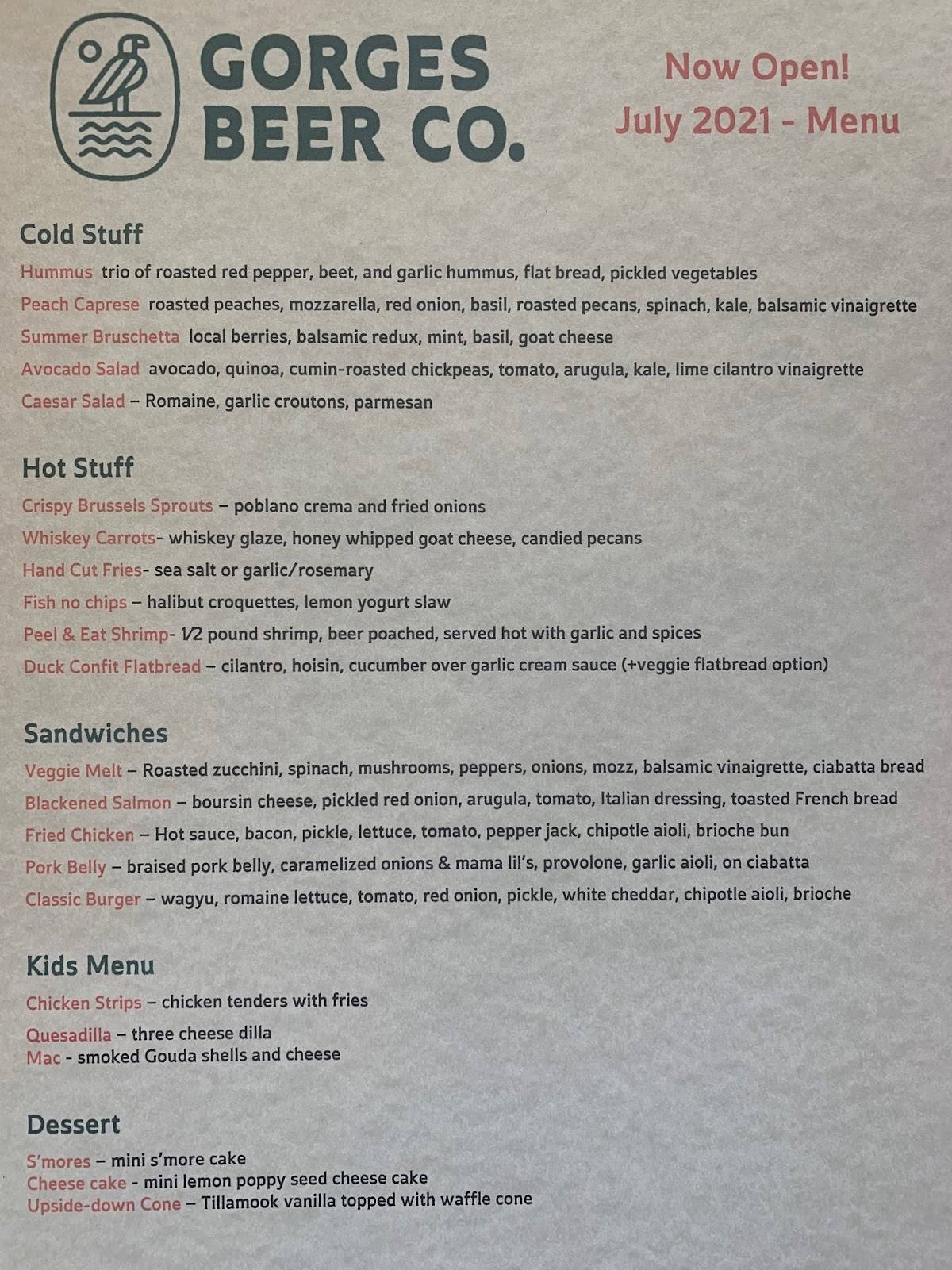 Menu at Gorges Beer Co. restaurant, Cascade Locks