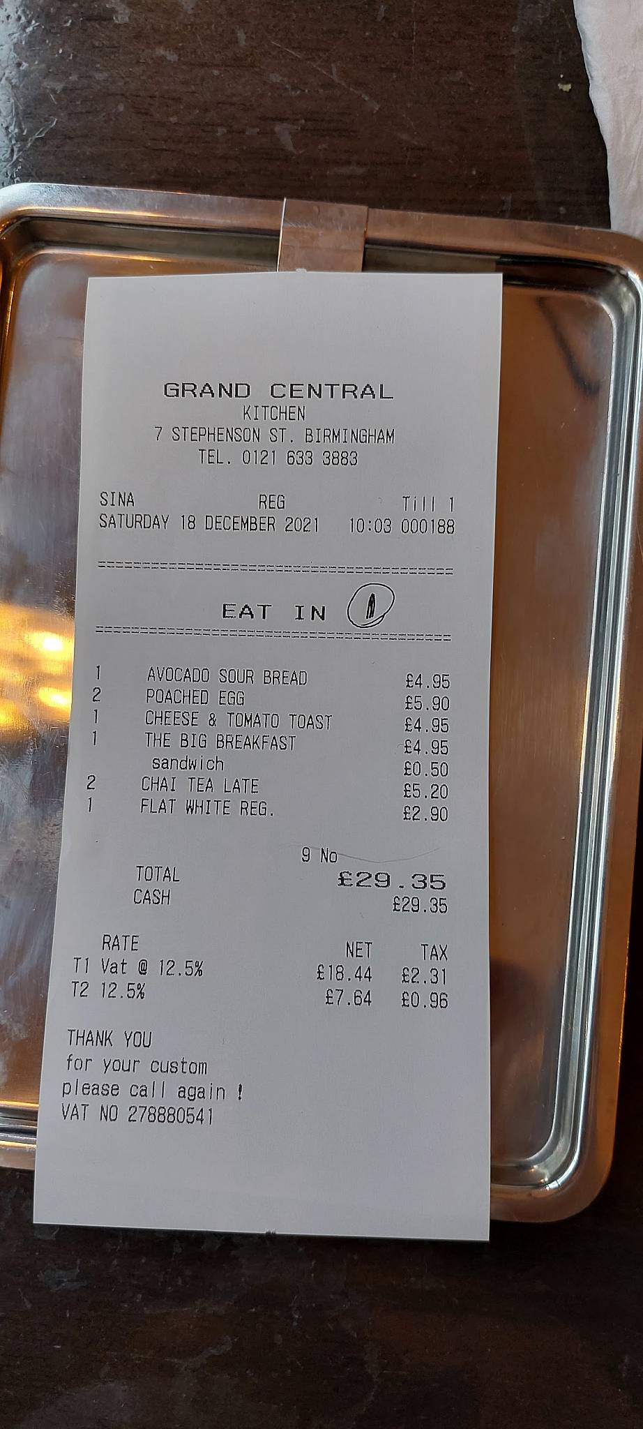 Menu at Grand Central Kitchen restaurant, Birmingham