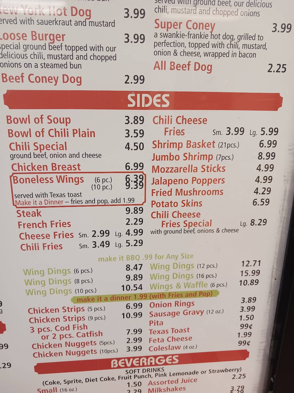 Menu at Grandy's Coney Island restaurant, Detroit, Outer Dr E