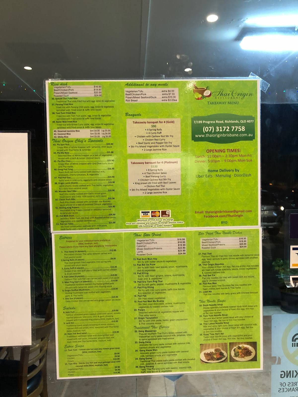 Menu at Thai Origin restaurant, Greenbank