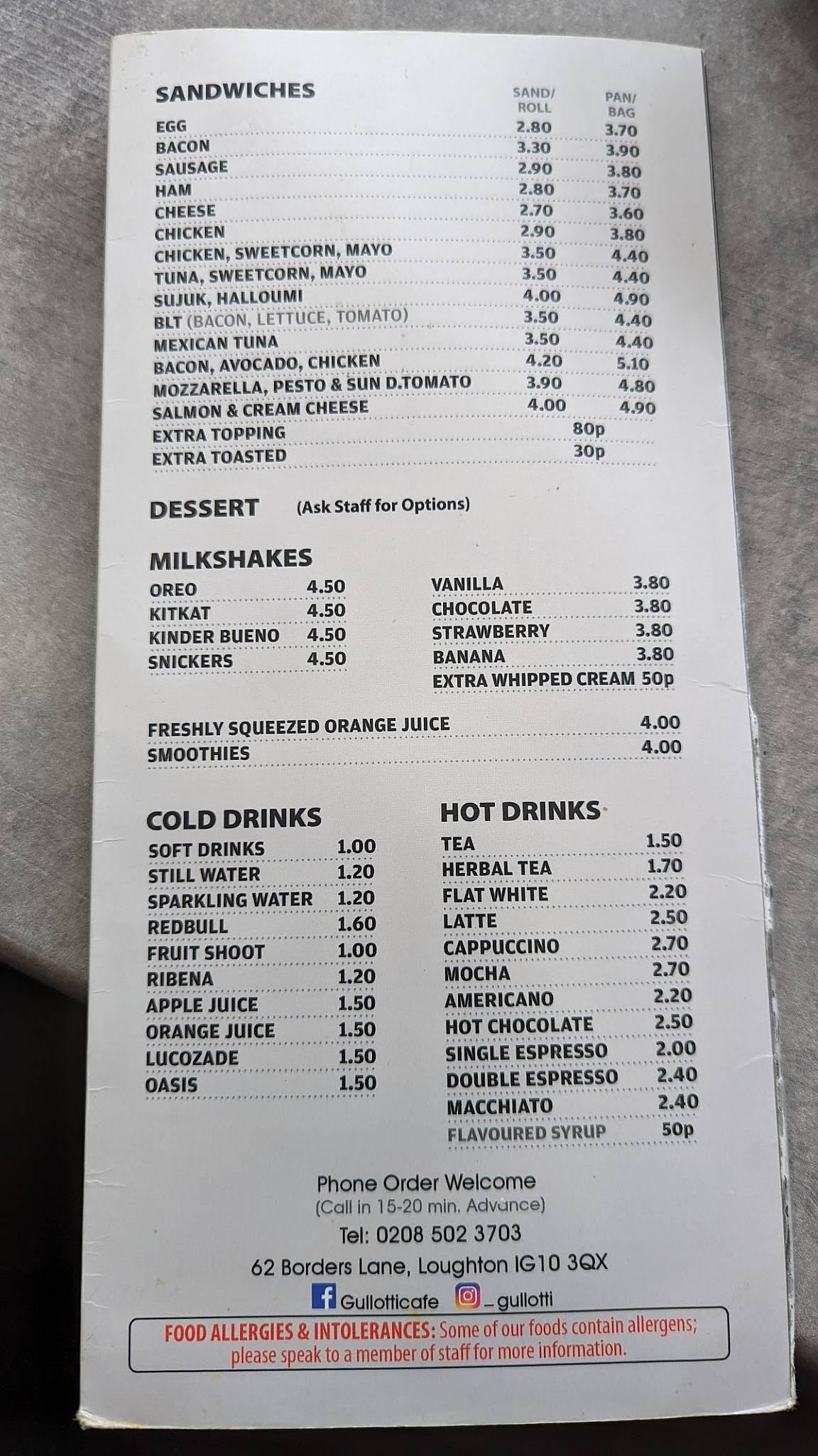 Menu at Gullotti Cafe, Loughton