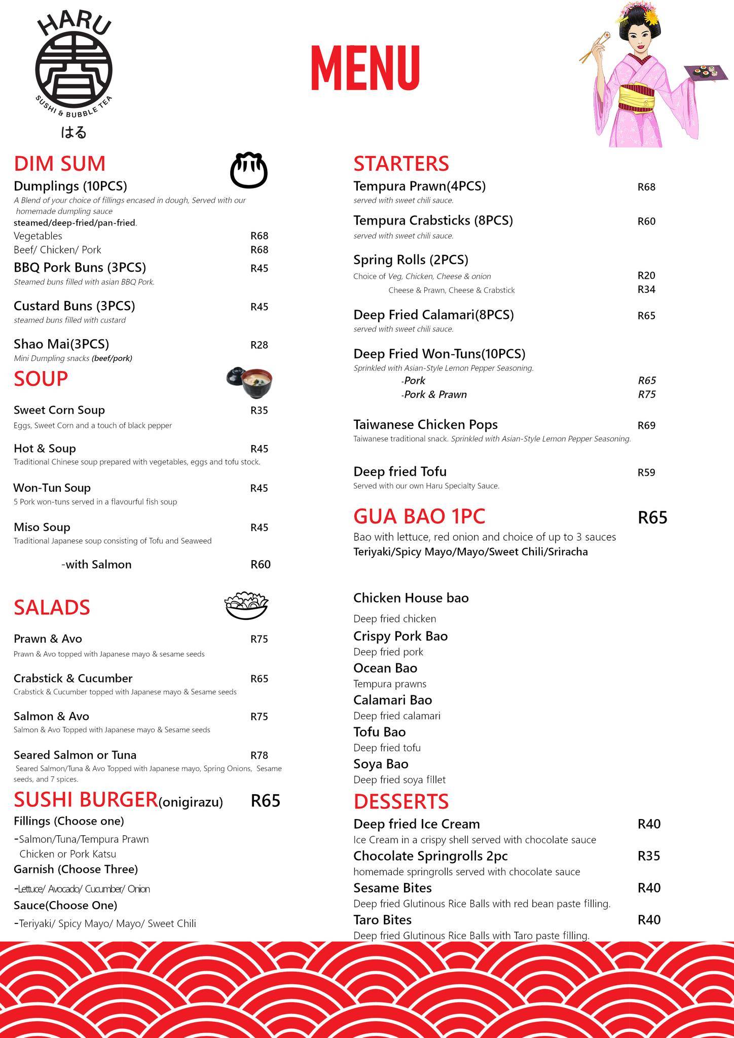 Menu at HARU Sushi & Bubble Tea Preller restaurant, Bloemfontein