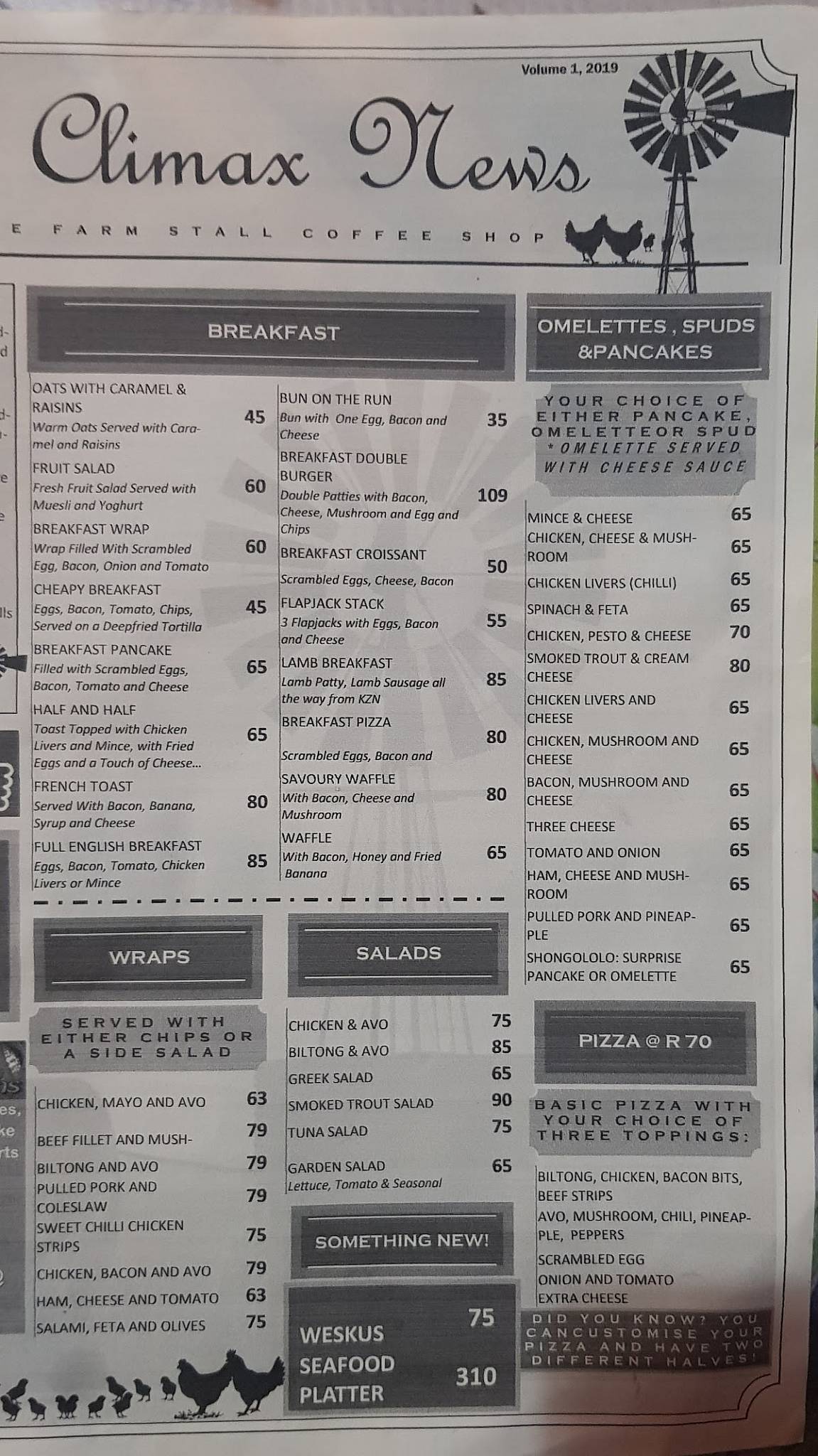 Menu at Hall's Farm Stall at GateWay cafe, Nelspruit