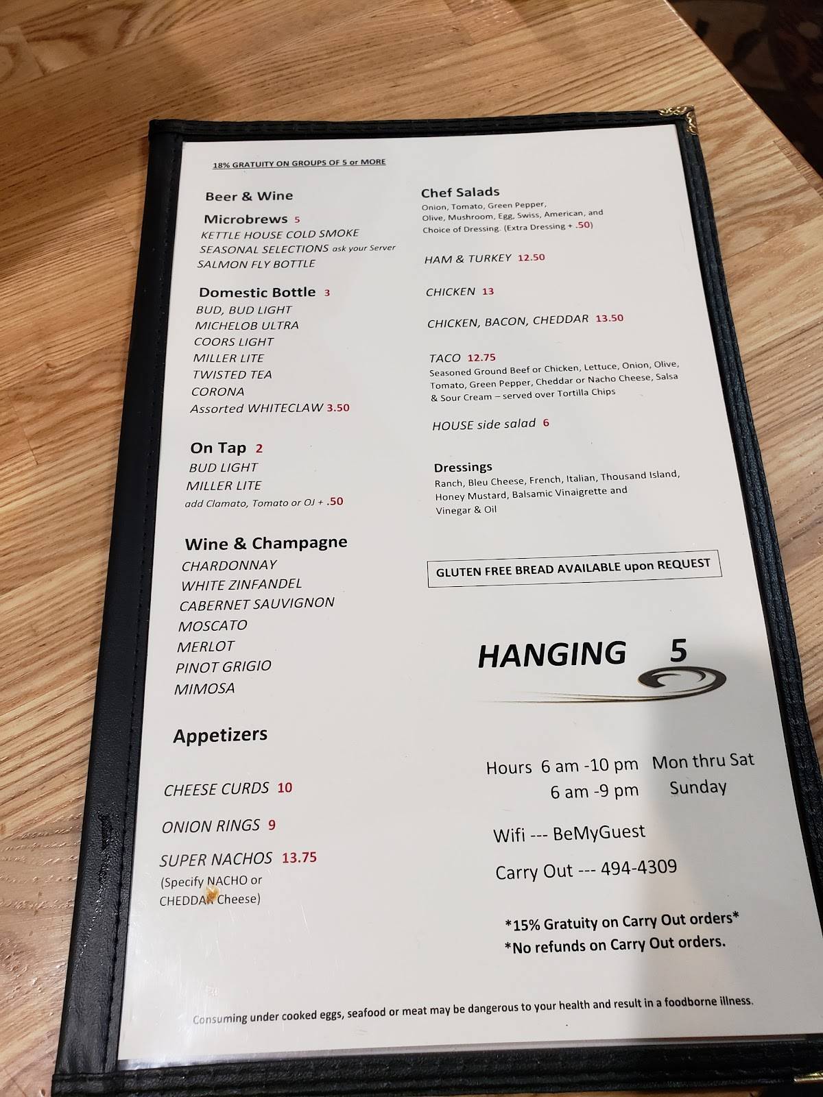 Menu at Hanging Five Restaurant, Butte