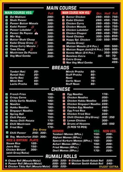 Menu at Happy Punjab RDC, Ghaziabad