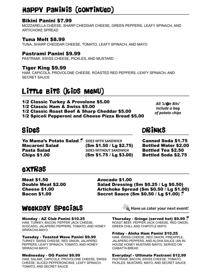 Menu at Happyplace Subs restaurant, Bullhead City