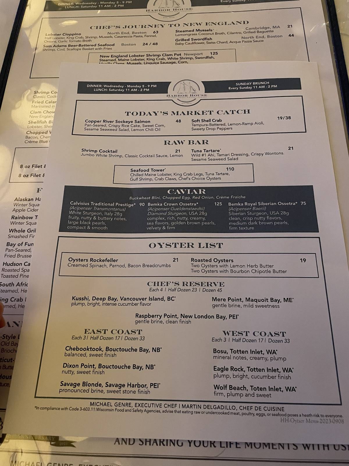 Menu at Harbor House restaurant, Milwaukee