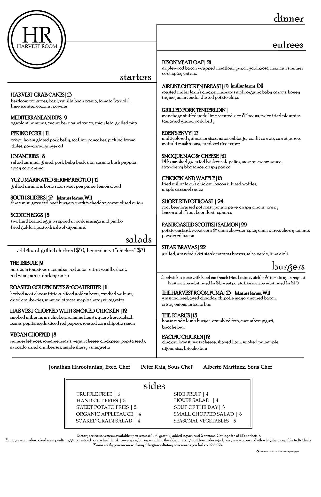 Menu at Harvest Room - Palos Heights restaurant, Palos Heights
