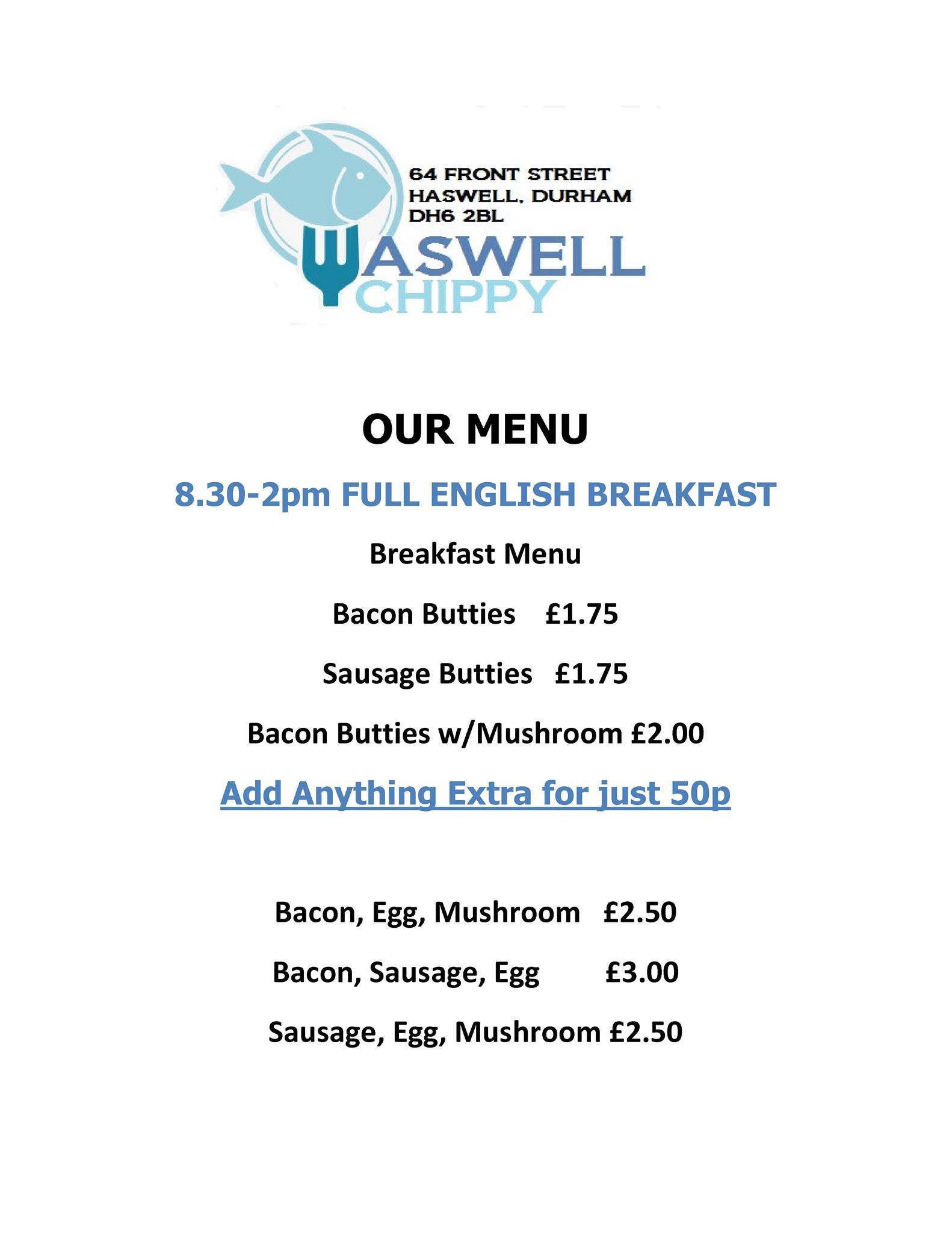 Menu at Haswell Chippy restaurant, Durham, 64 Front Street