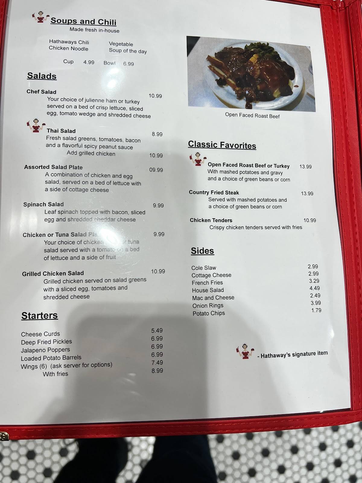 Menu at Hathaway's Diner cafe, Cincinnati