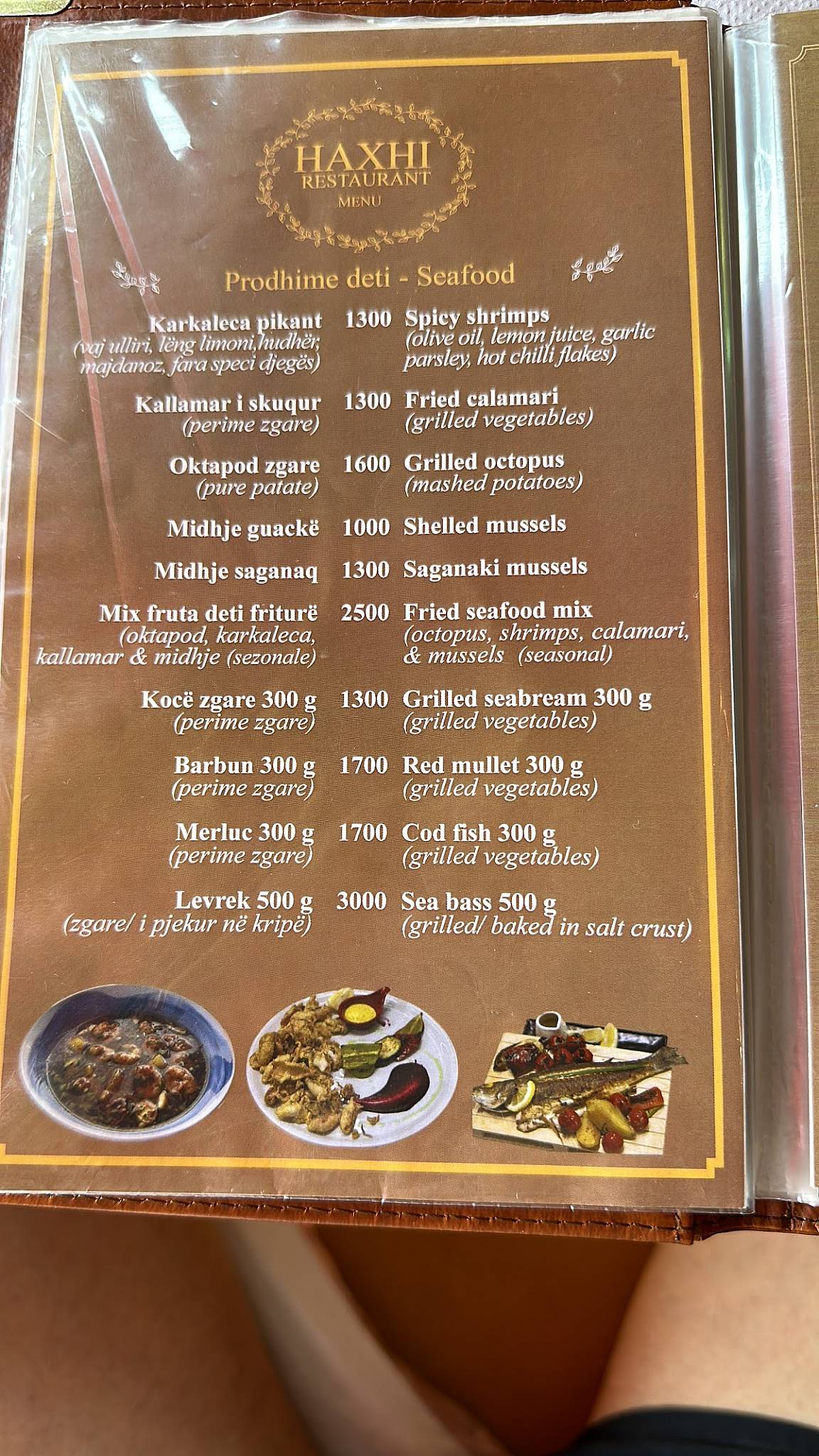Menu at Haxhi restaurant, Sarandë, Rruga 40 Shenjtorët
