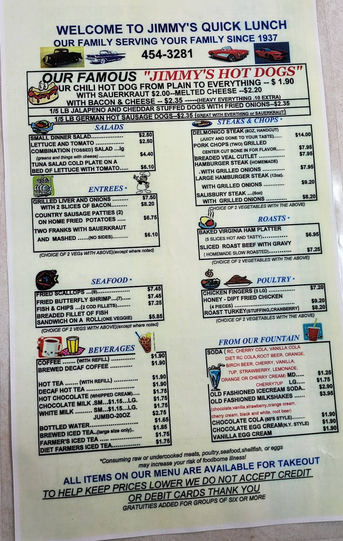 Menu at Jimmy's Quick Lunch restaurant, Hazleton
