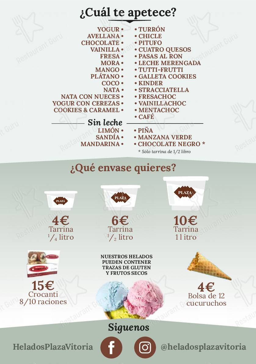 Carta de Heladería "Helados Plaza", Vitoria-Gasteiz