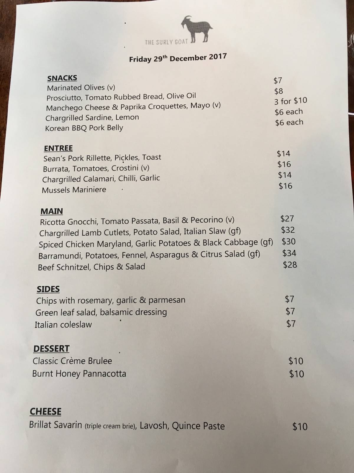 Menu at The Surly Goat restaurant, Hepburn Springs