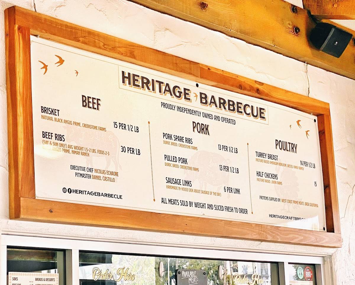 Menu at Heritage Barbecue, San Juan Capistrano