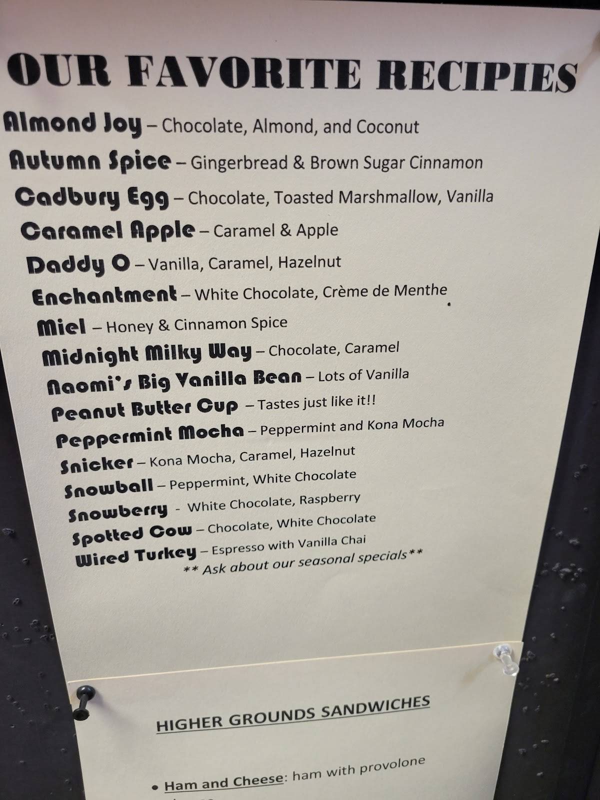 Menu at Higher Grounds Coffee Shop cafe, Beaver Dam, N7156 E Plaza Dr