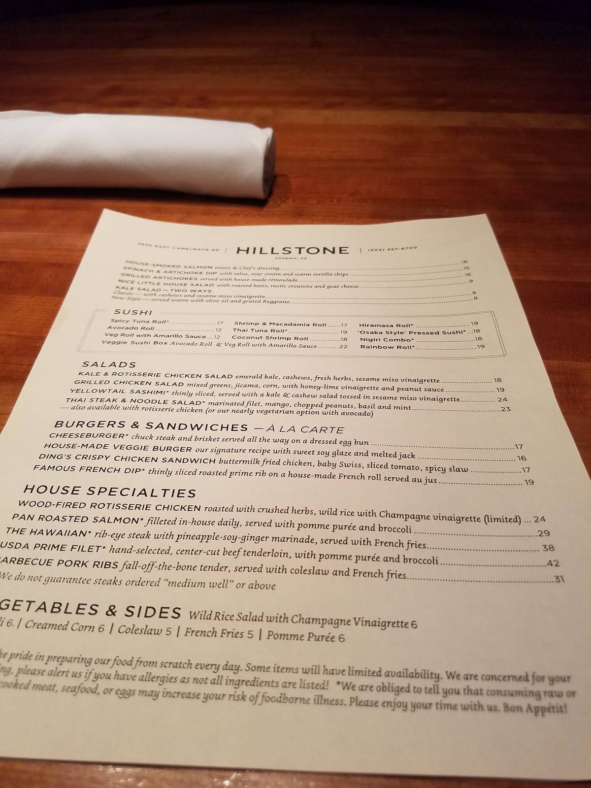 Menu at Hillstone Restaurant, Phoenix, E Camelback Rd