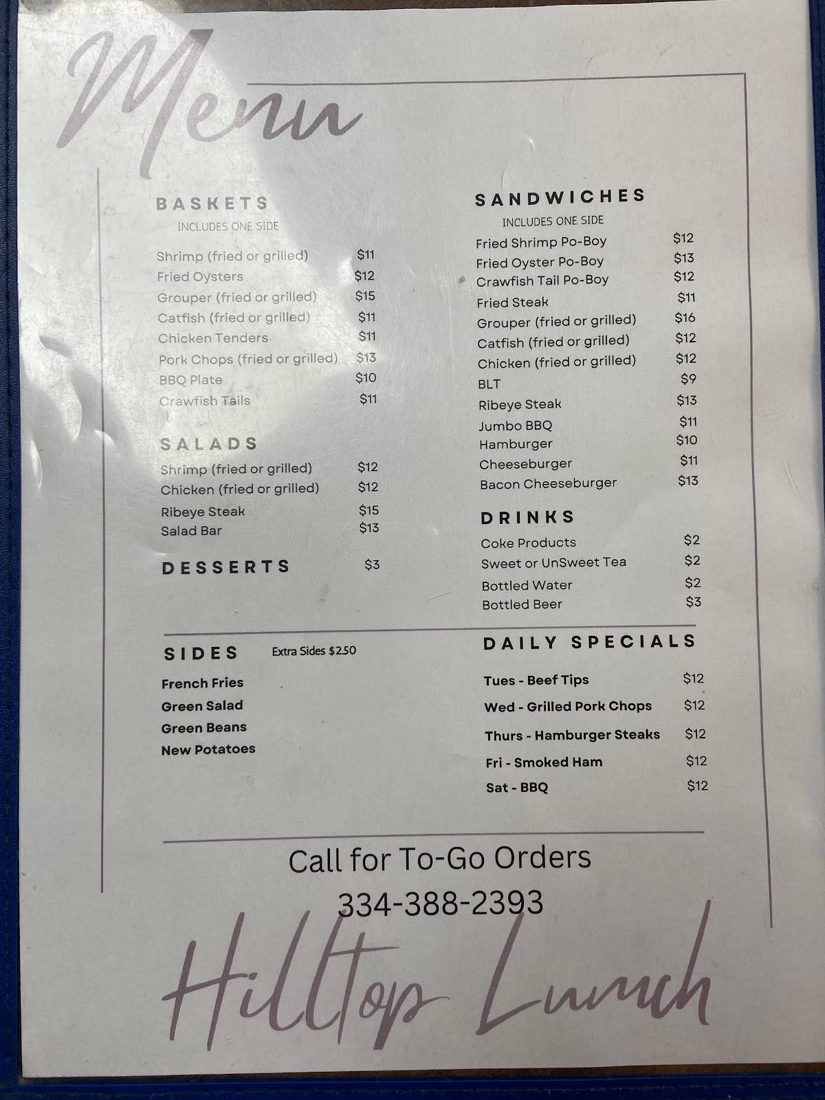 Menu at Hilltop restaurant, Canandaigua