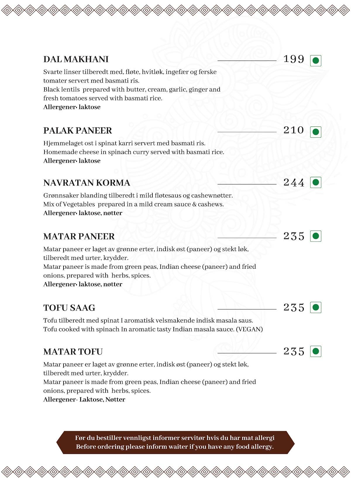 Carta de Himalayan Nepali Restaurant, Oslo