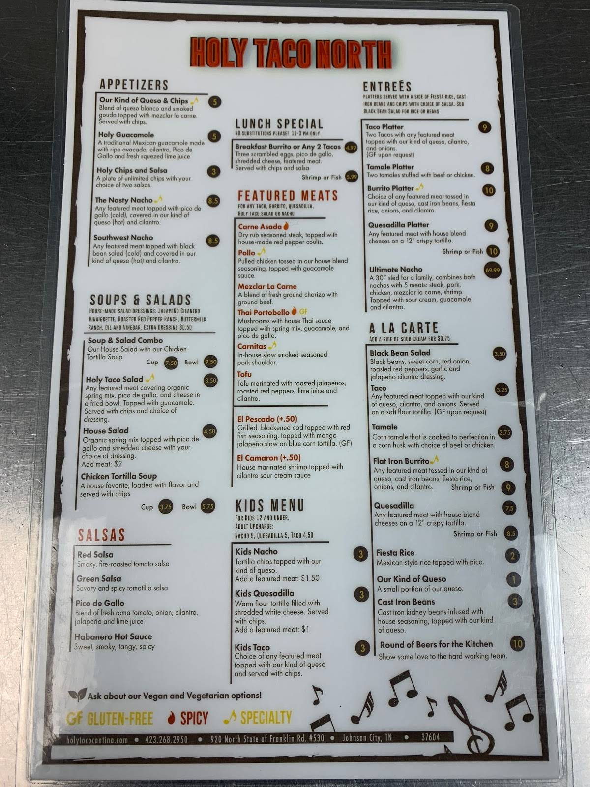 Menu at Holy Taco and Cantina North pub & bar, Johnson City