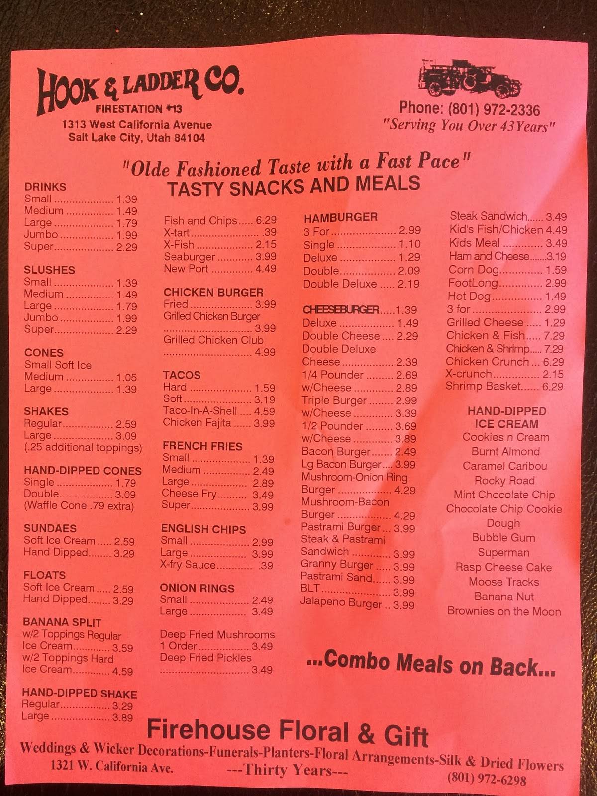 Menu at Hook & Ladder Co restaurant, Salt Lake City