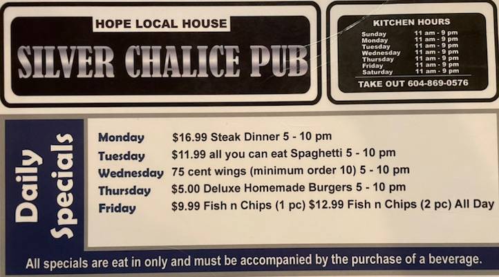 Menu at Hope Local House - Silver Chalice Pub, Hope