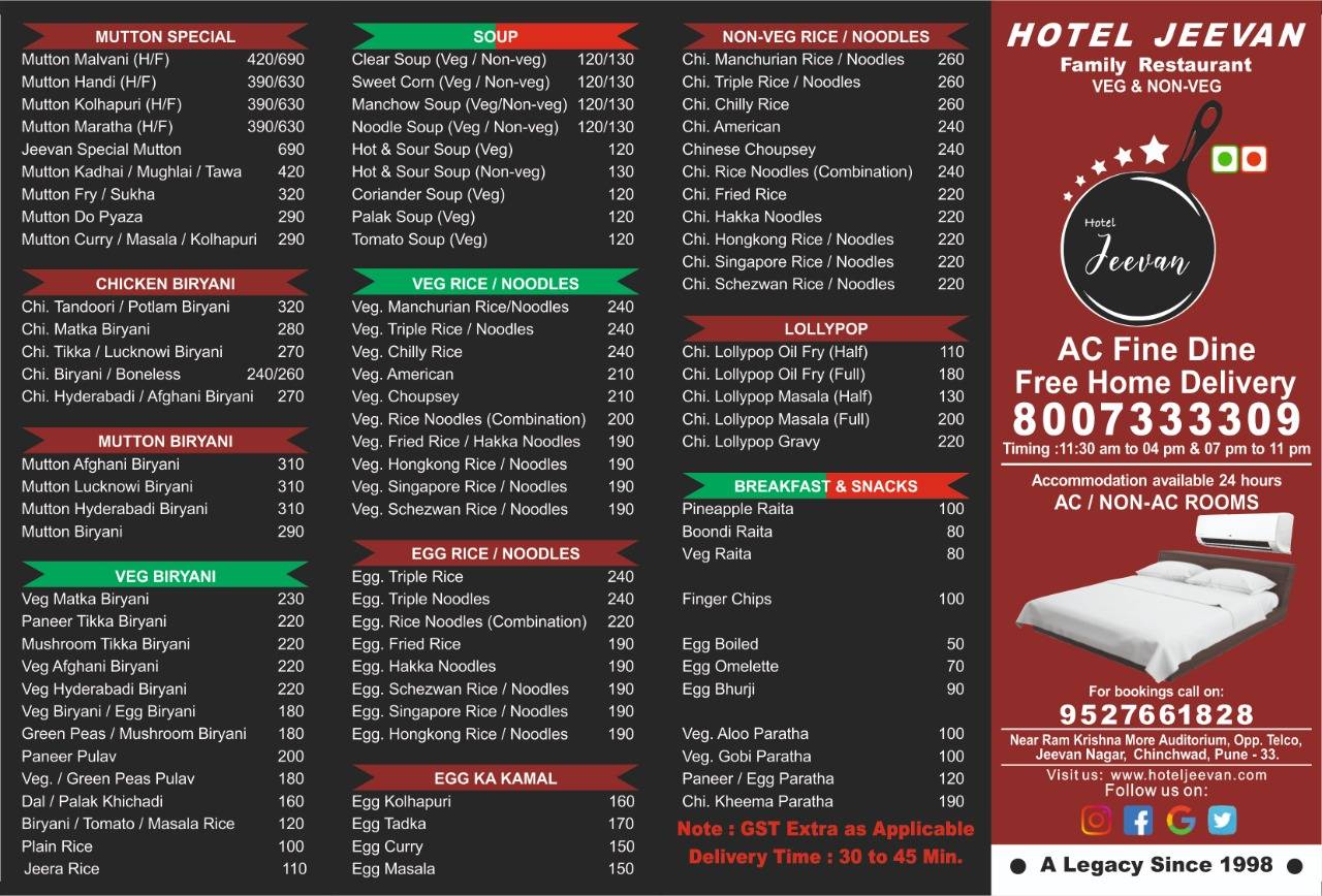 Menu at Hotel Jeevan, Chinchwad, Pune, near Ramakrishna auditorium