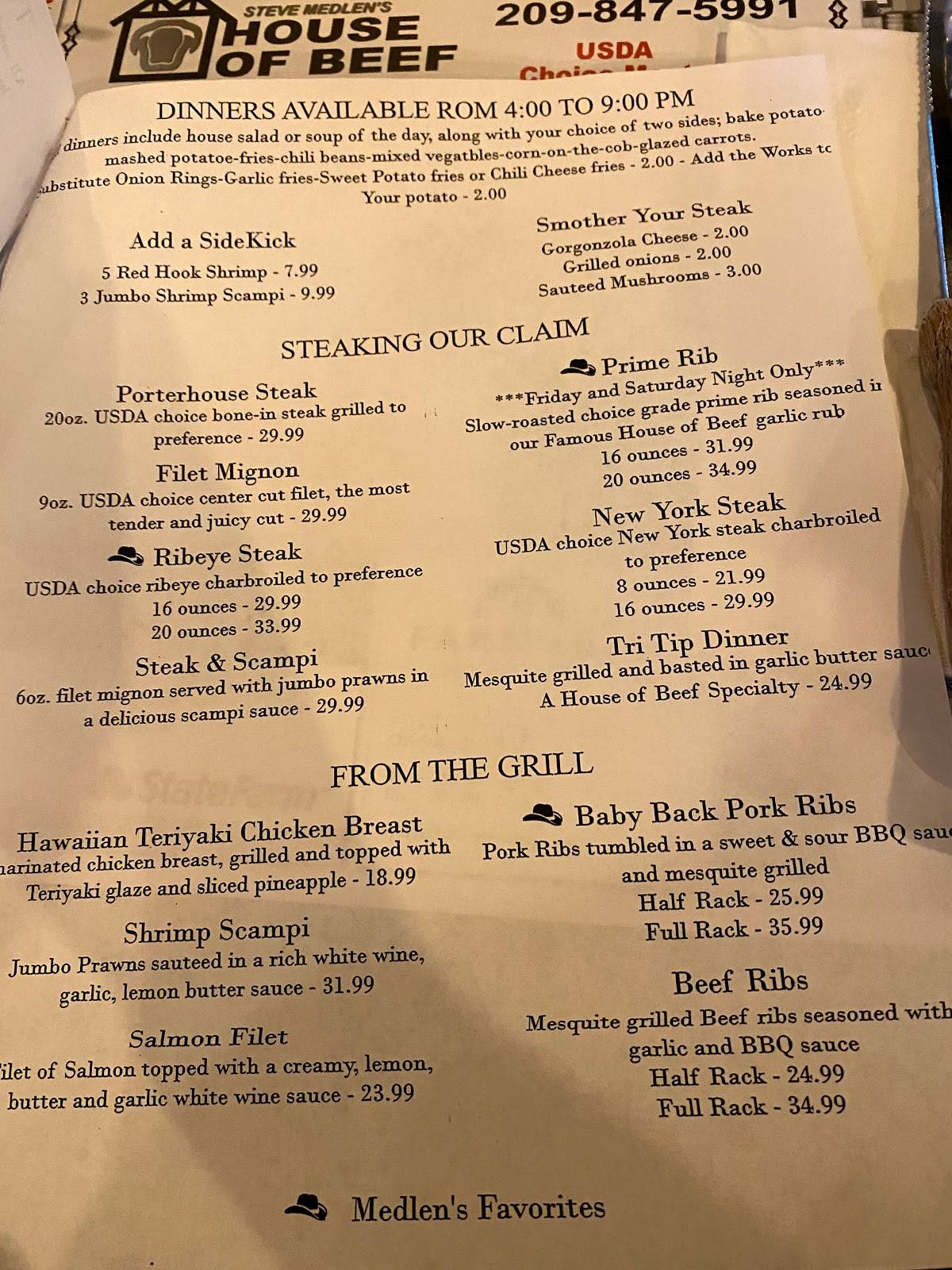 Menu at House of Beef steakhouse, Oakdale