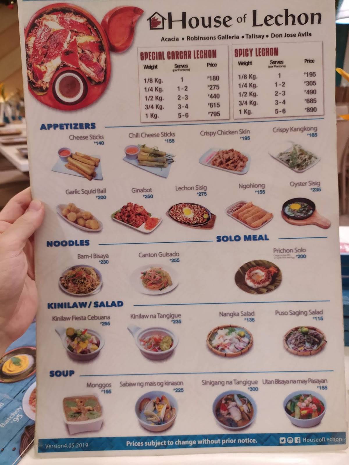 Menu at House of Lechon restaurant, Cebu City, Acacia St