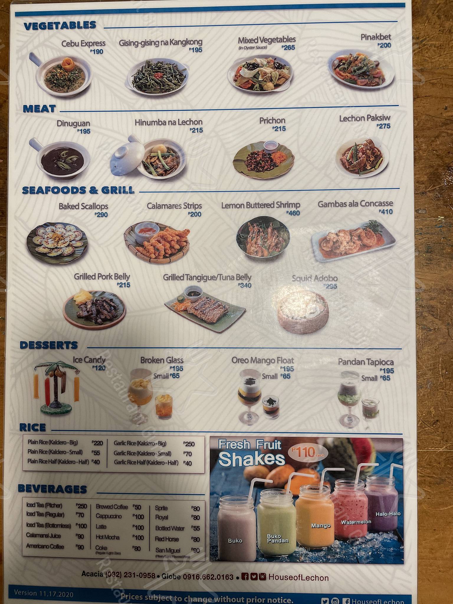 Menu at House of Lechon restaurant, Cebu City, Acacia St
