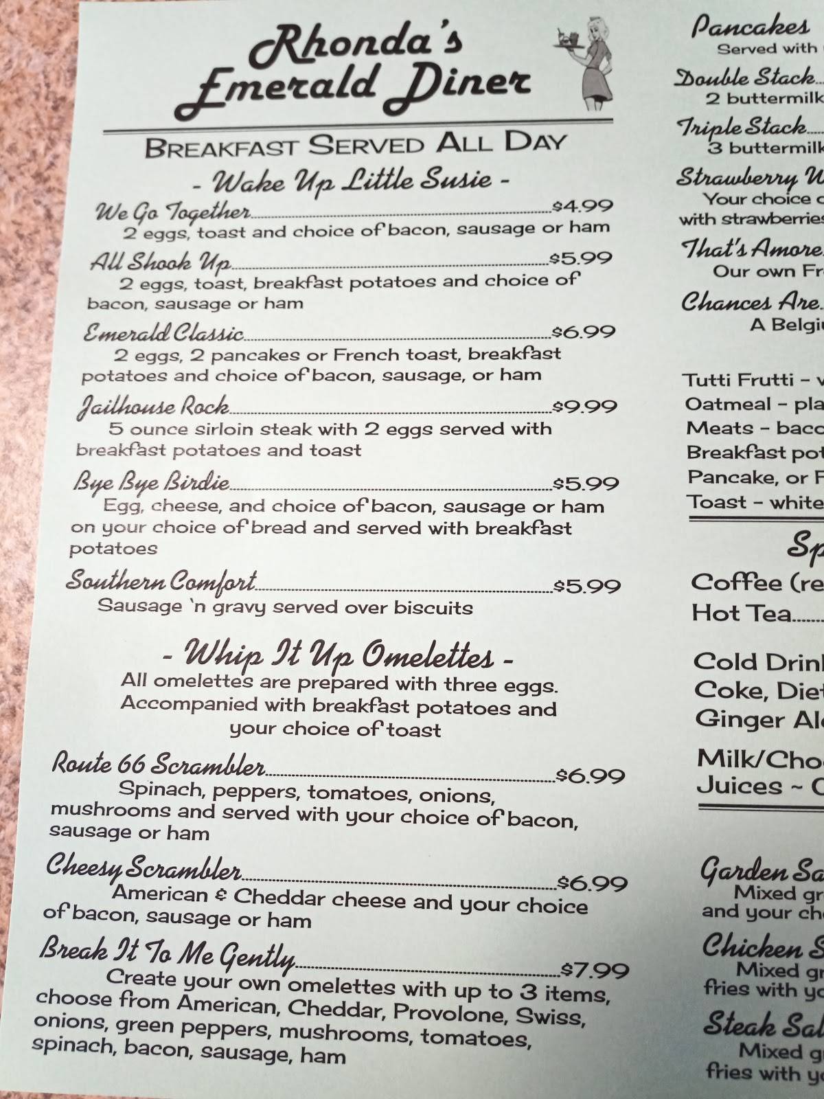 Menu at Rhonda's Emerald Diner restaurant, Hubbard, 825 N Main St