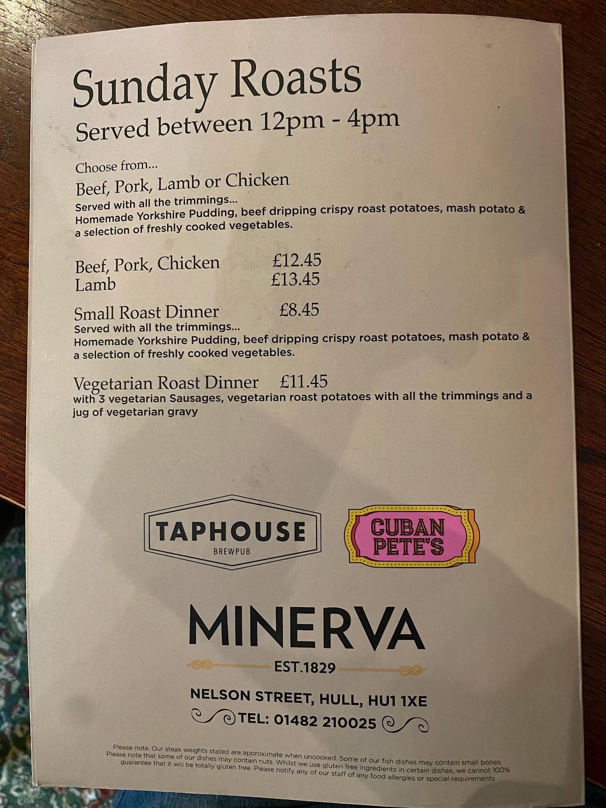 Menu at The Minerva pub & bar, Hull