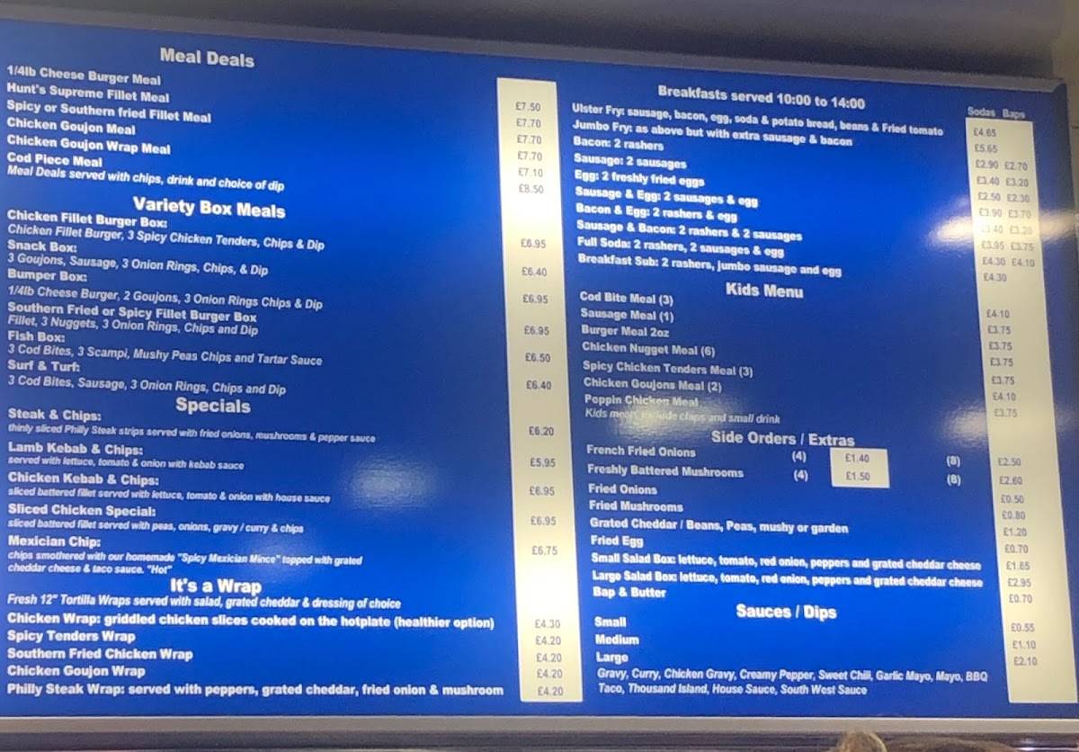 Menu at Hunt's Traditional Fish and Chips restaurant, Lisburn