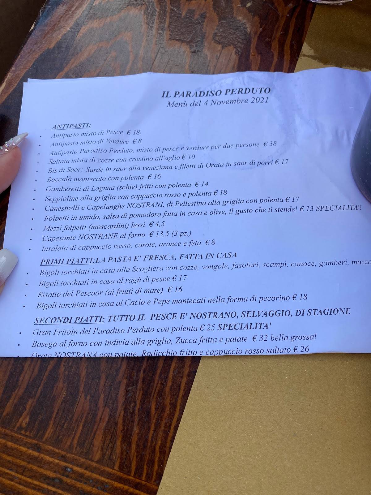 Menu at Il Paradiso Perduto restaurant, Venice