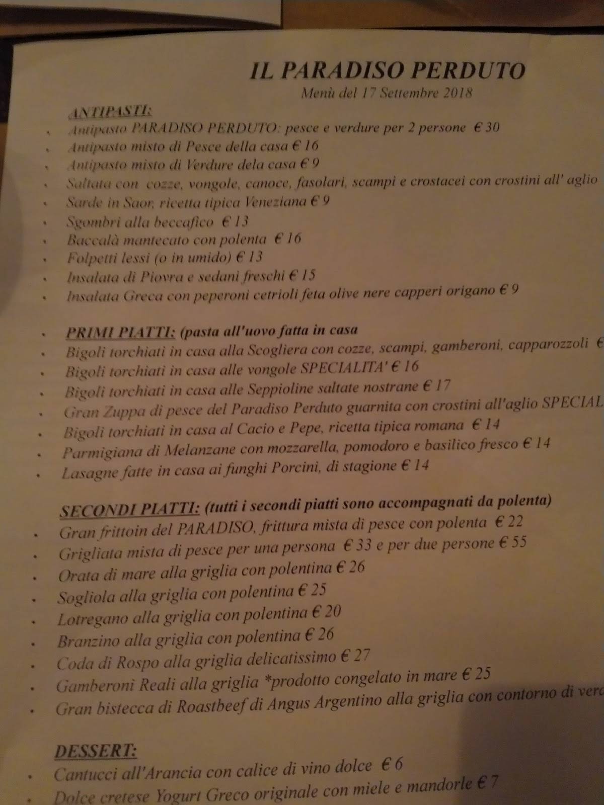 Menu at Il Paradiso Perduto restaurant, Venice