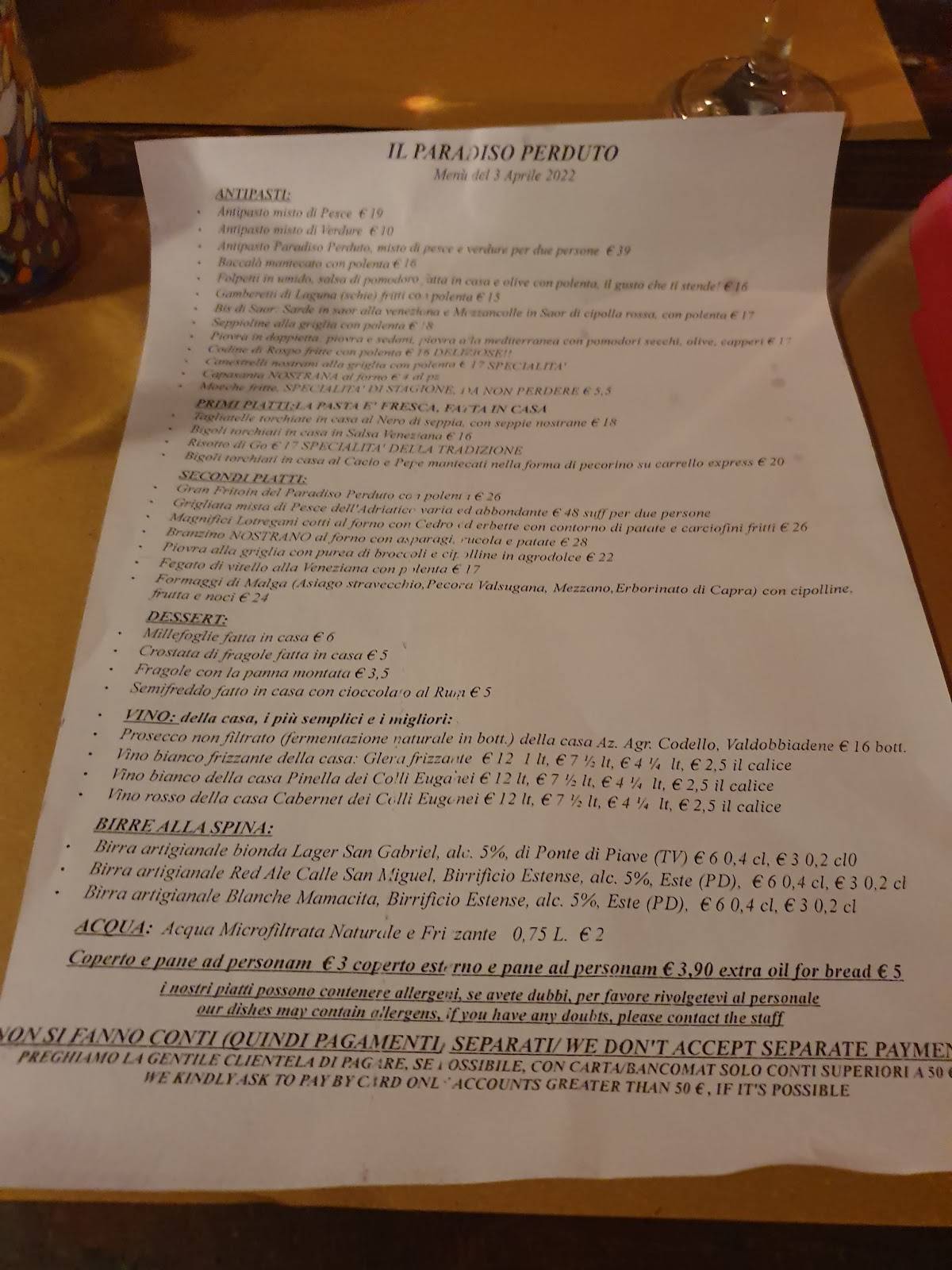 Menu at Il Paradiso Perduto restaurant, Venice