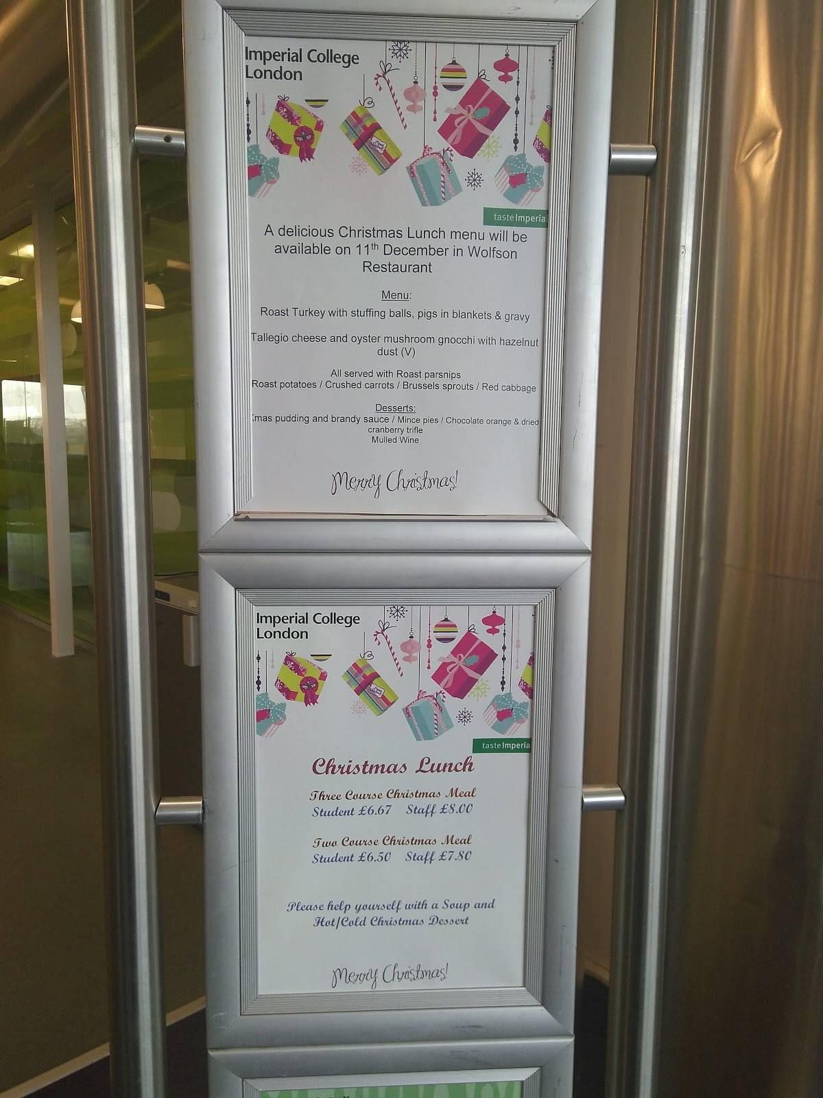 Menu at Imperial College Wolfson Restaurant, London