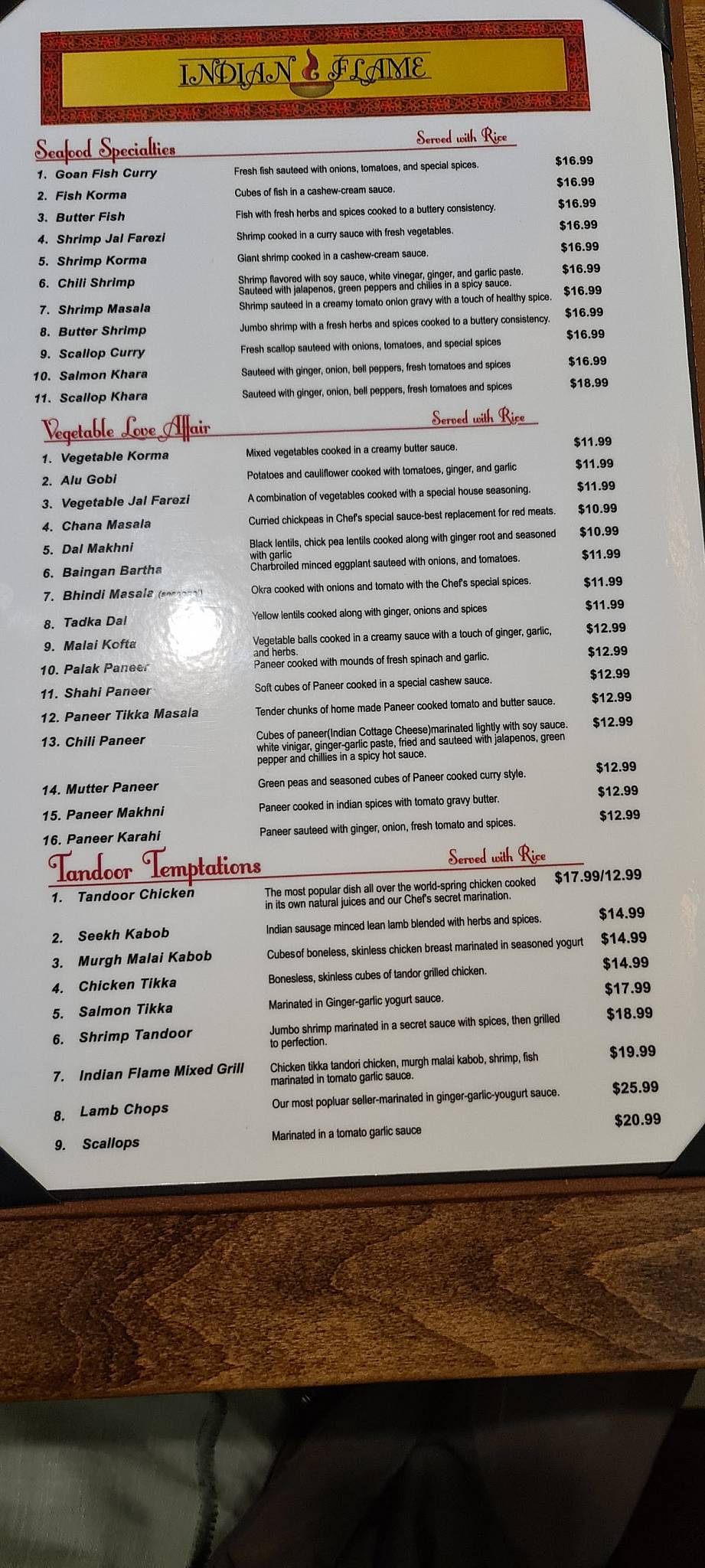 Menu at Indian Flame Restaurant, Cleveland