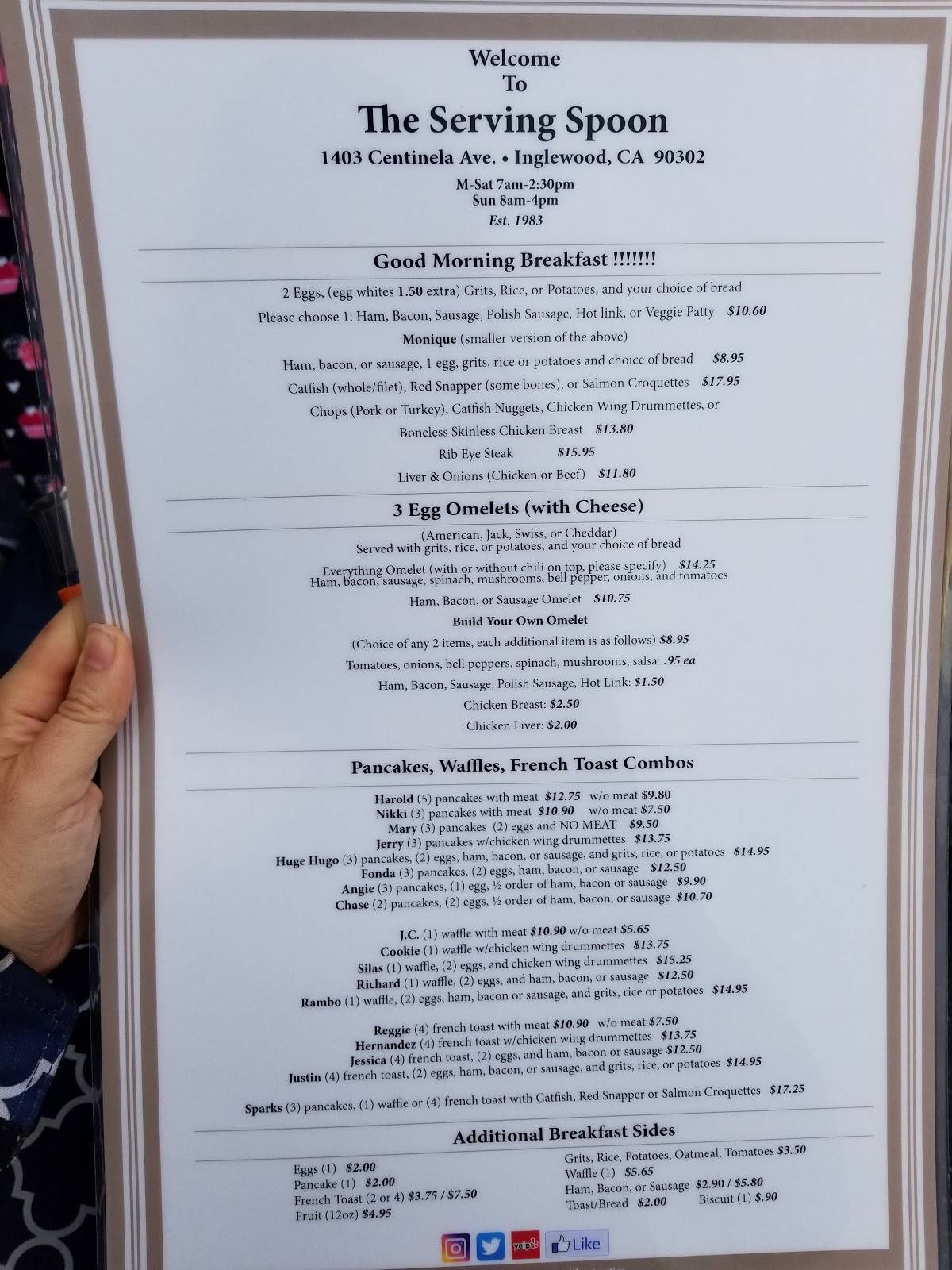 Menu at The Serving Spoon restaurant, Inglewood